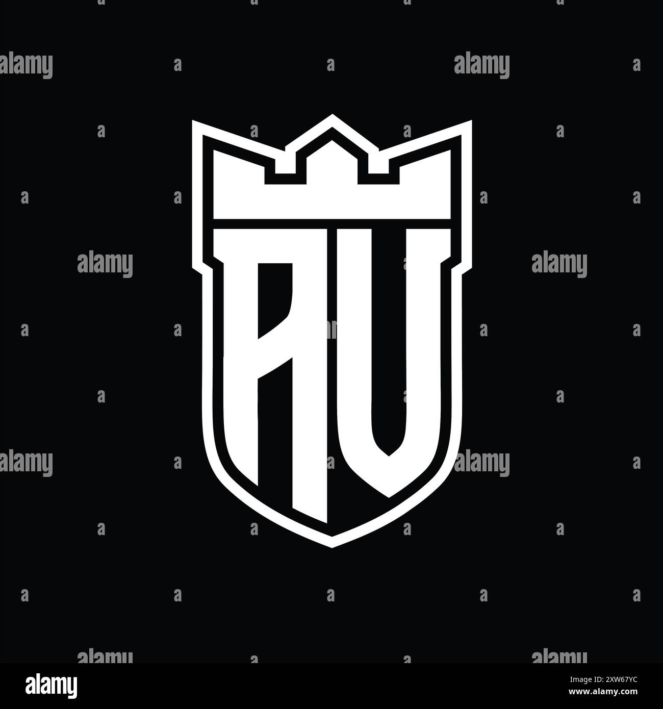 AV Letter logo with shield shape with geometric crown inside white ...