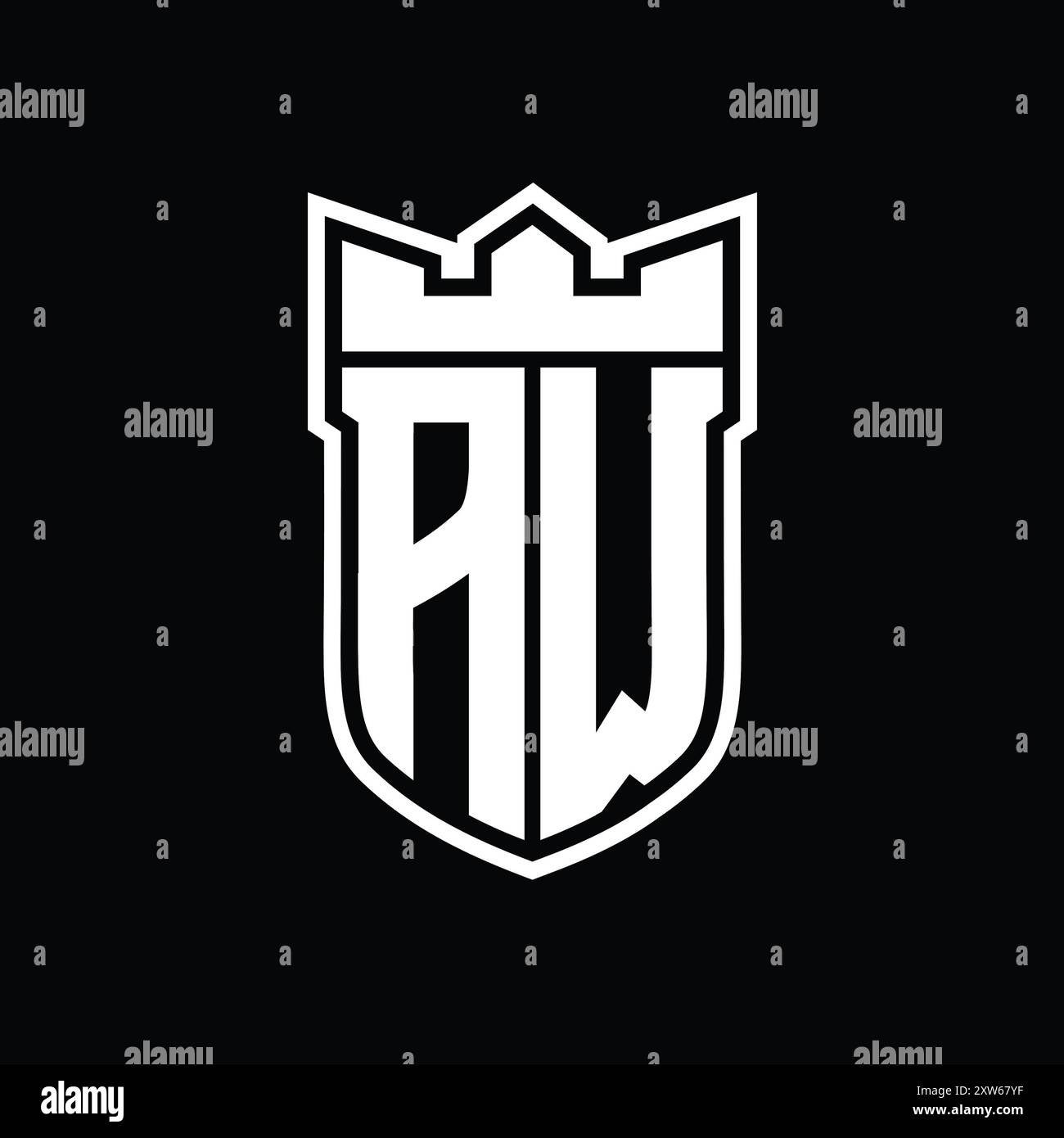 AW Letter logo with shield shape with geometric crown inside white ...