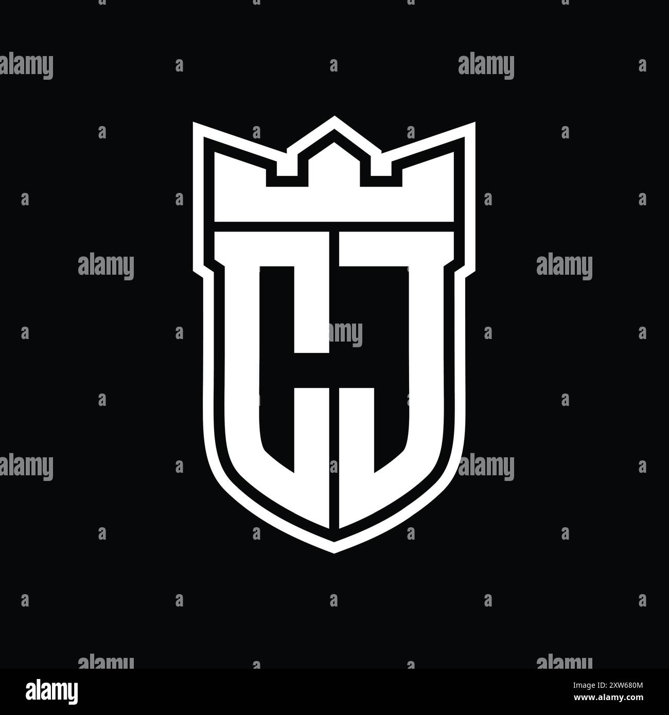 CJ Letter logo with shield shape with geometric crown inside white ...