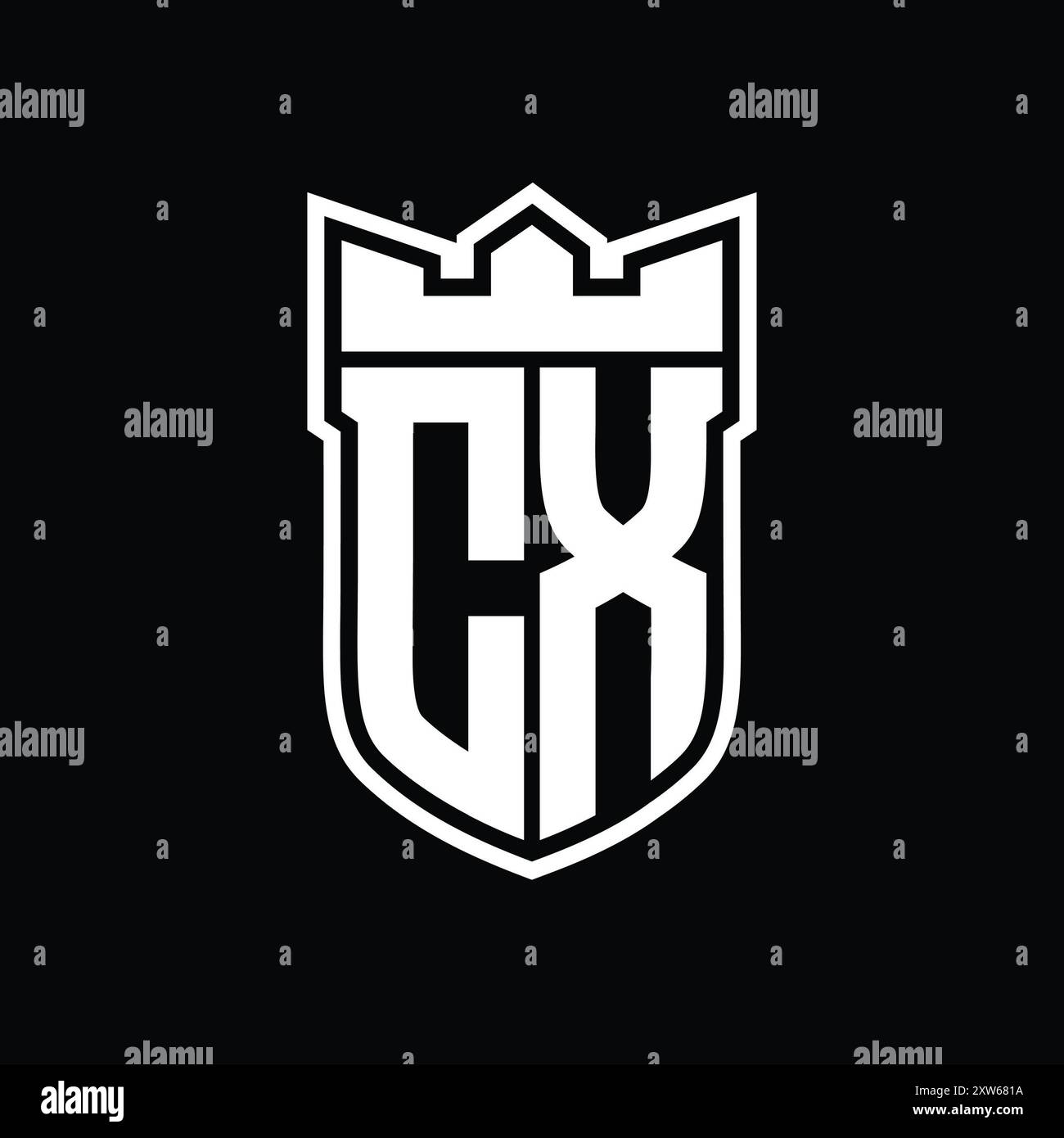 CX Letter logo with shield shape with geometric crown inside white ...