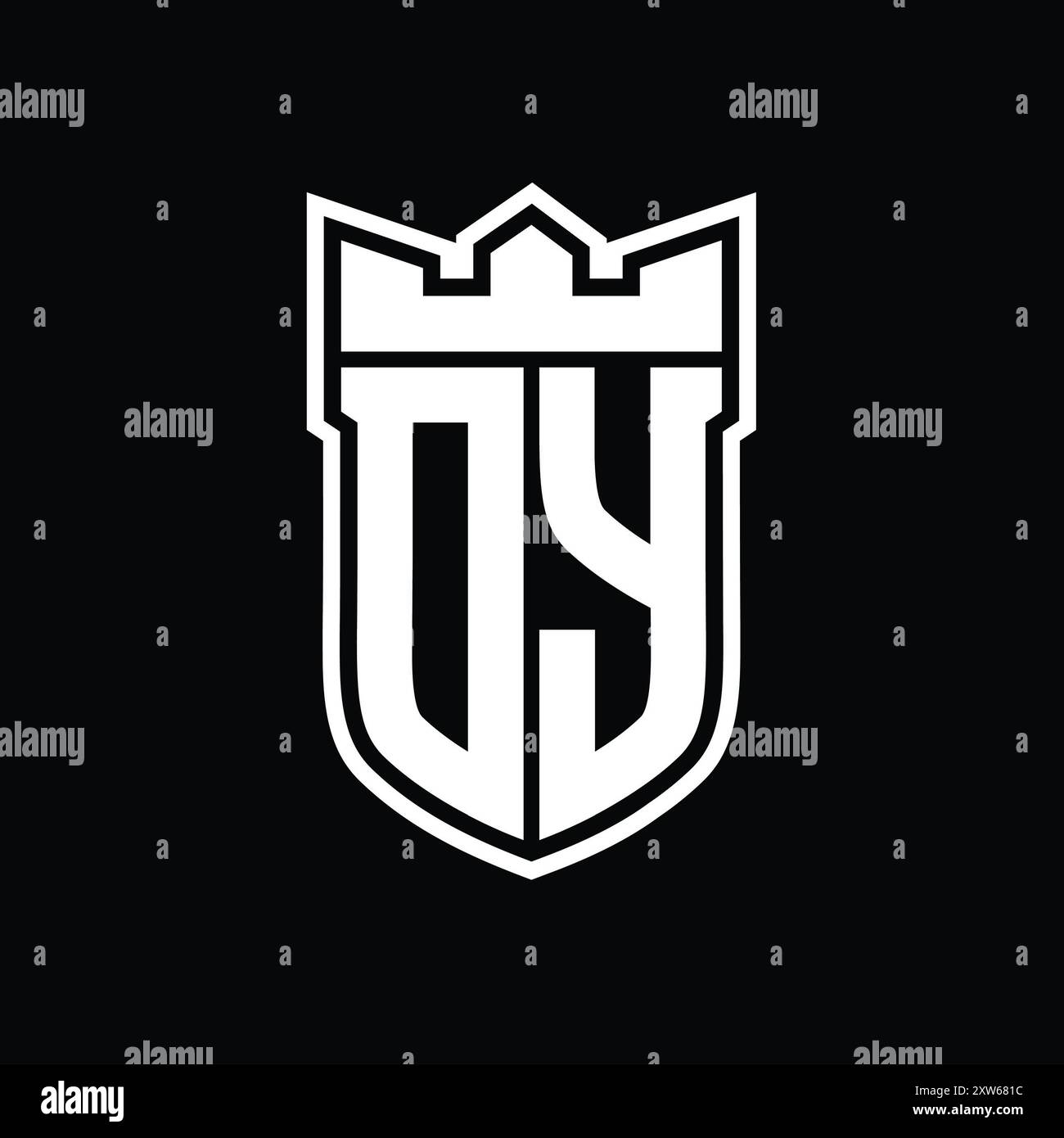 DY Letter logo with shield shape with geometric crown inside white outline on black background ...