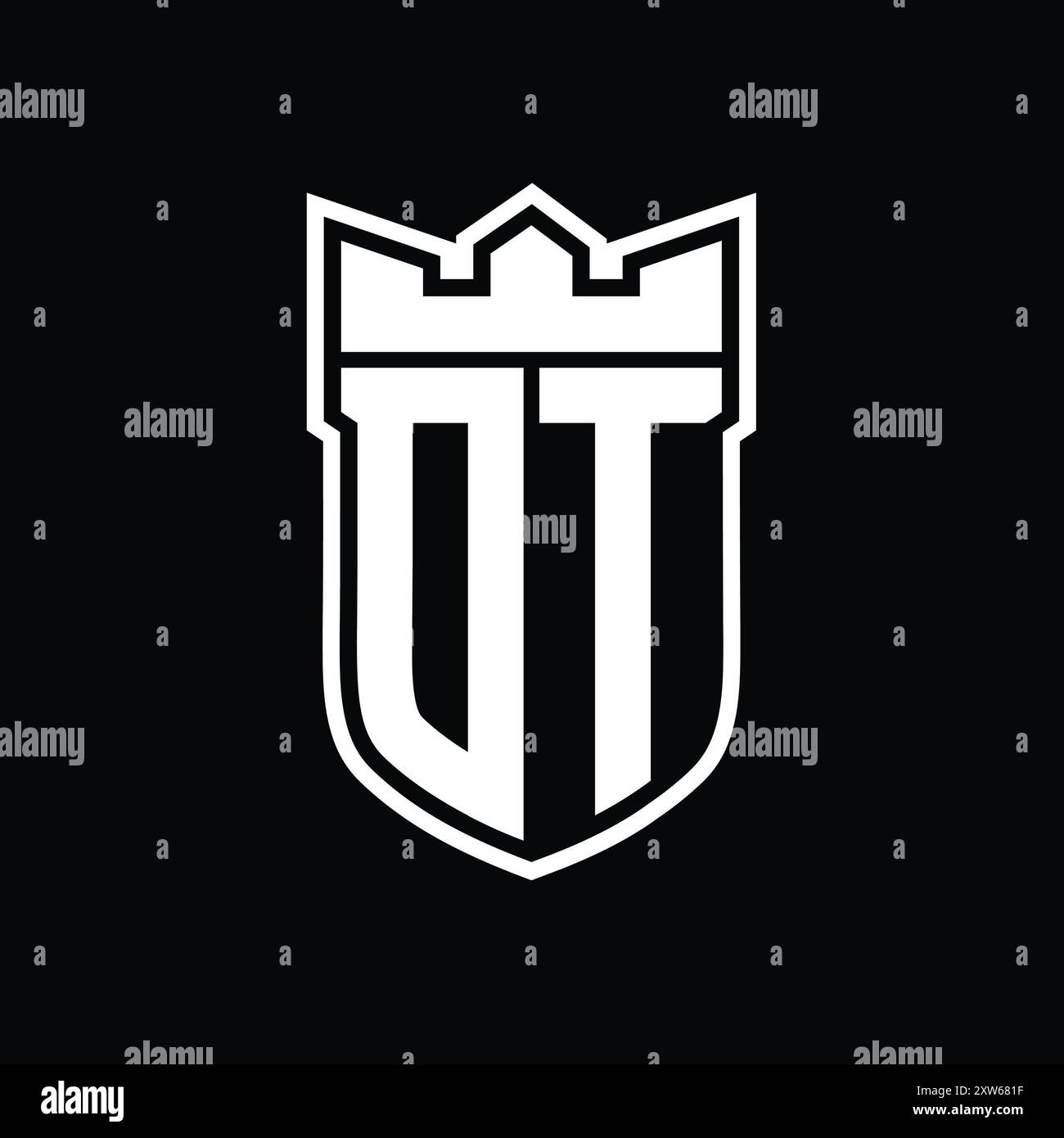 DT Letter logo with shield shape with geometric crown inside white ...