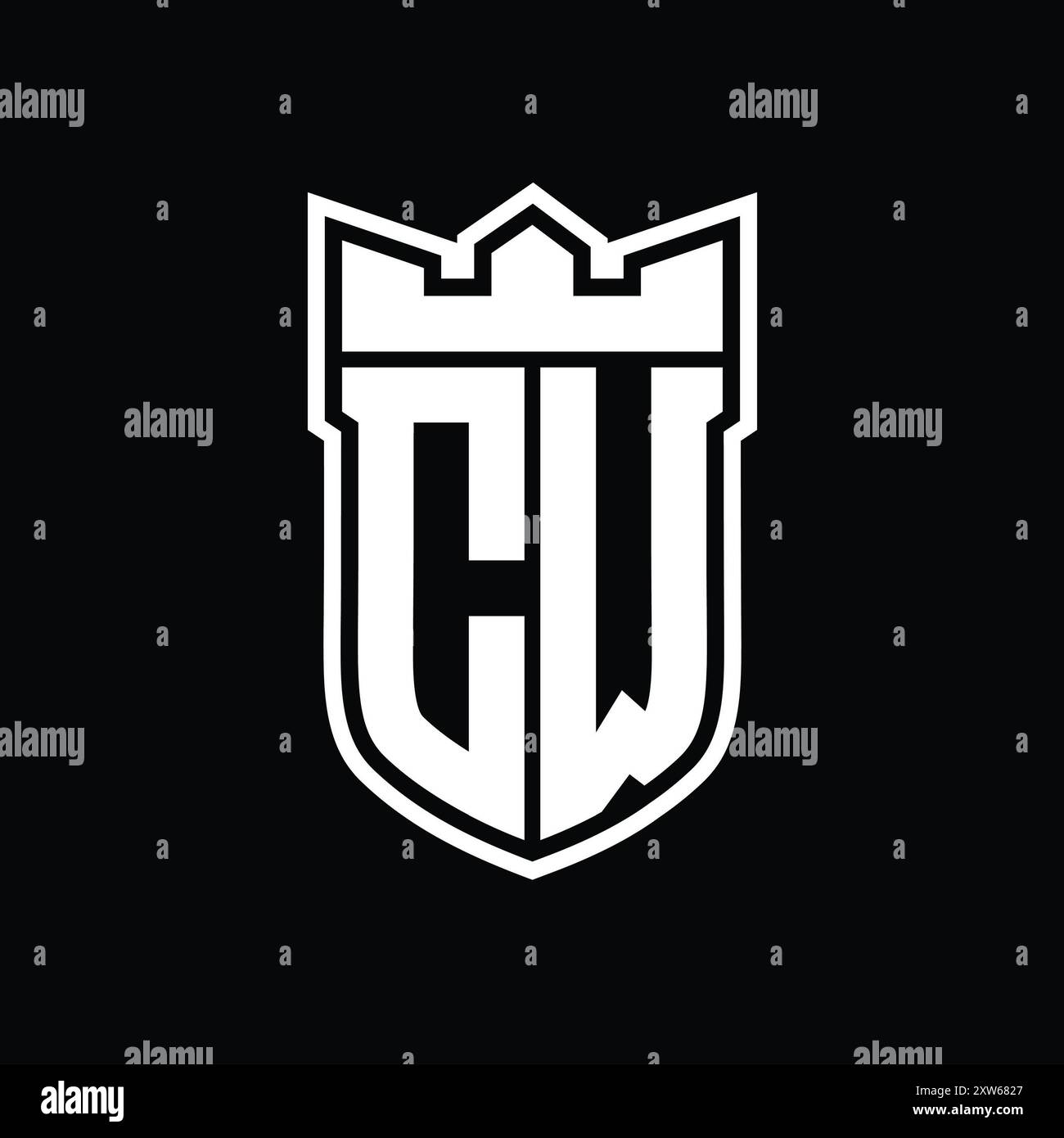 CW Letter logo with shield shape with geometric crown inside white ...