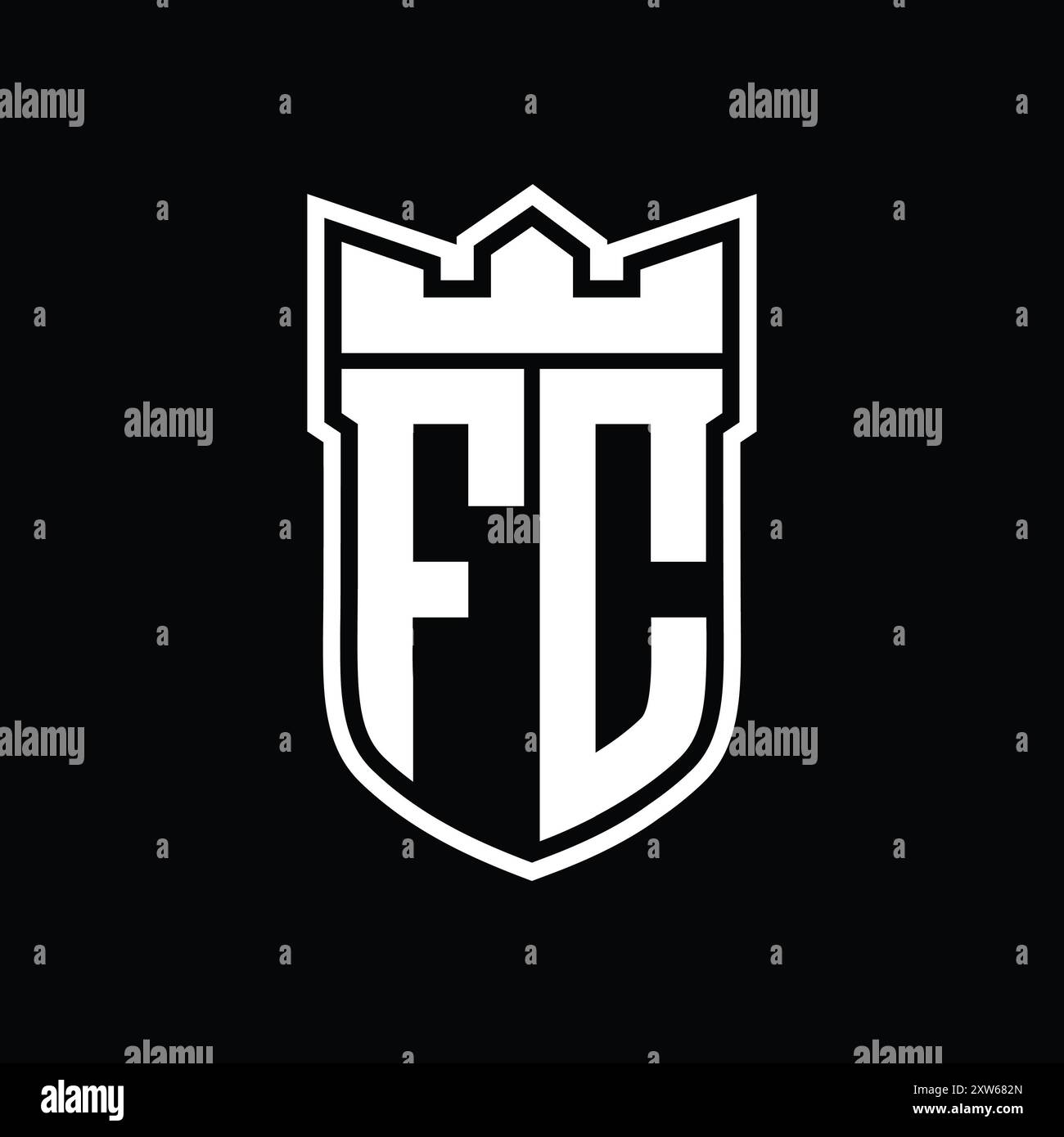 FC Letter logo with shield shape with geometric crown inside white outline on black background ...