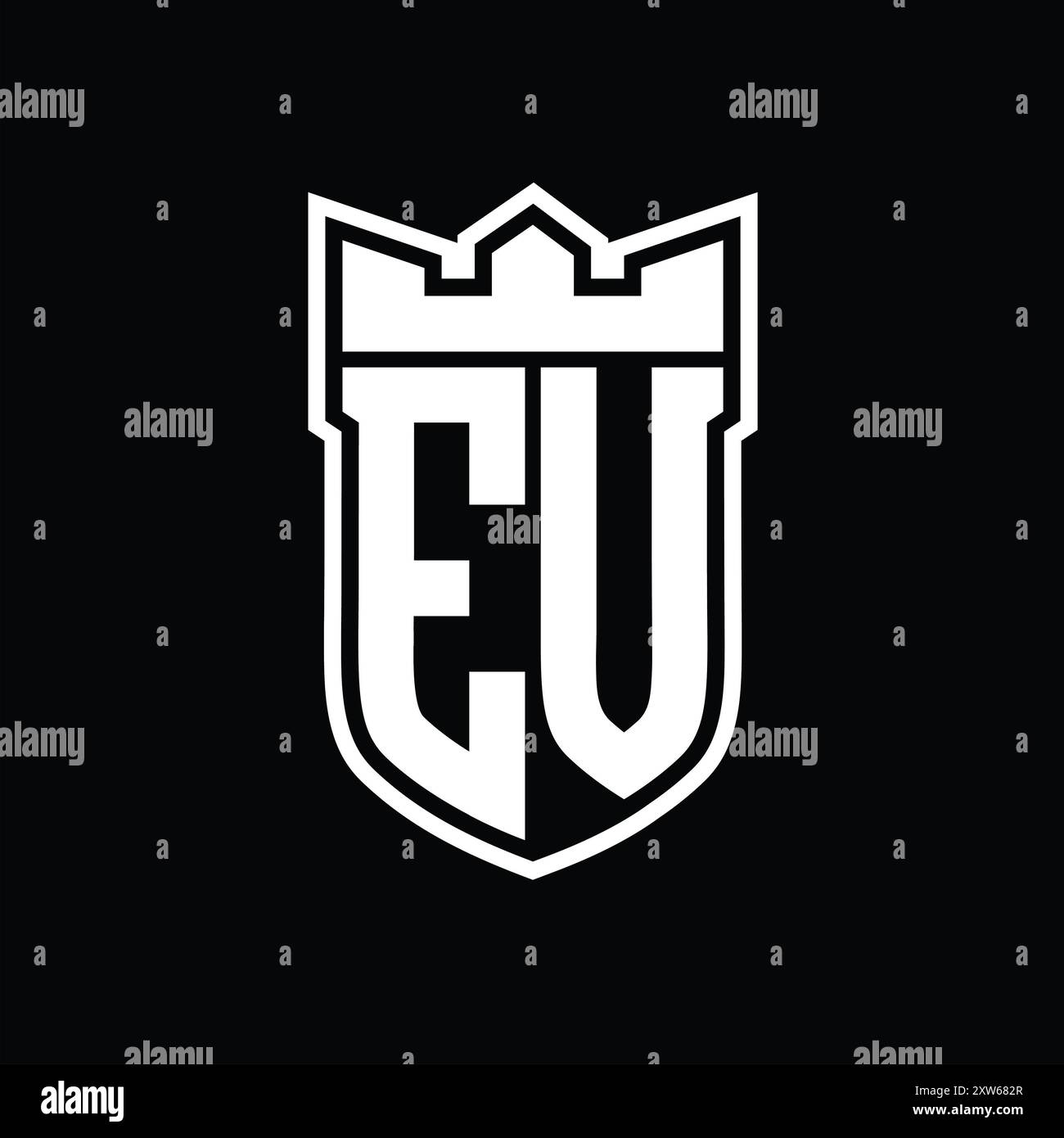 EV Letter logo with shield shape with geometric crown inside white ...