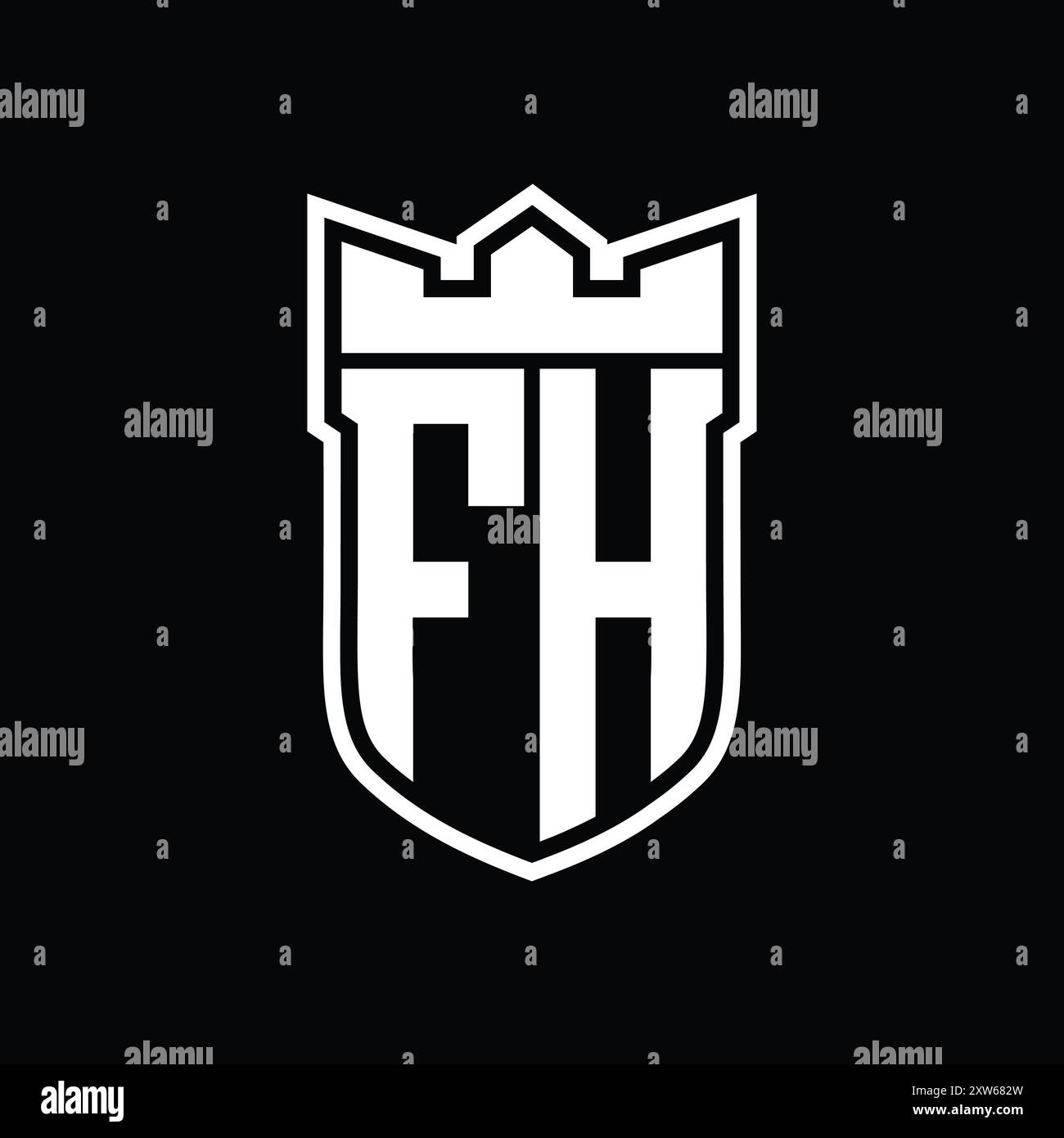 FH Letter logo with shield shape with geometric crown inside white ...