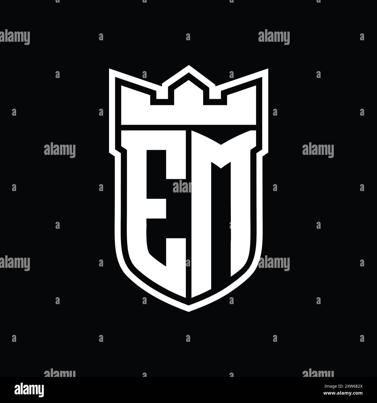 EM Letter logo with shield shape with geometric crown inside white ...