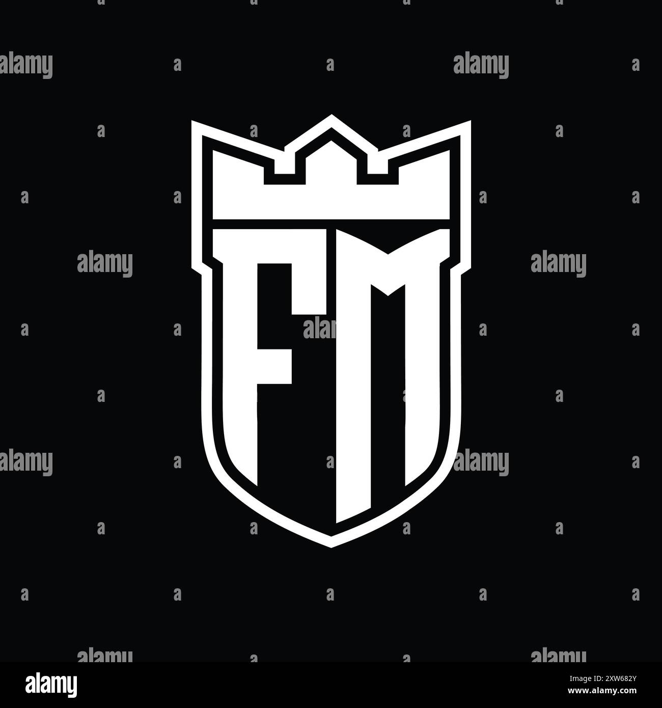 FM Letter logo with shield shape with geometric crown inside white ...