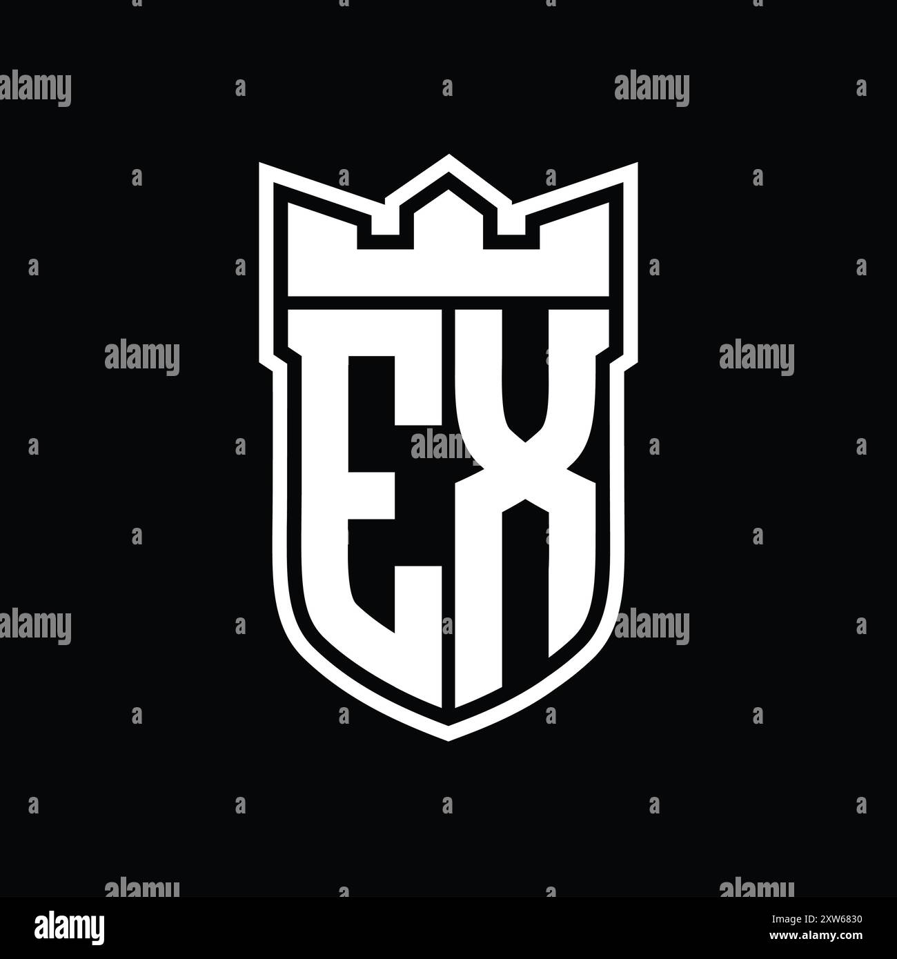 EX Letter logo with shield shape with geometric crown inside white ...