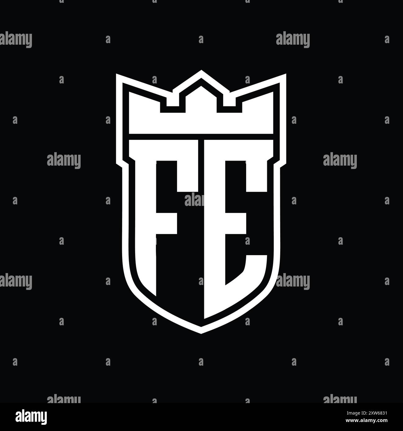 FE Letter logo with shield shape with geometric crown inside white ...