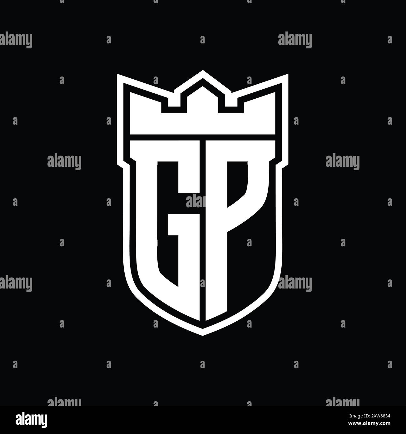 GP Letter logo with shield shape with geometric crown inside white ...