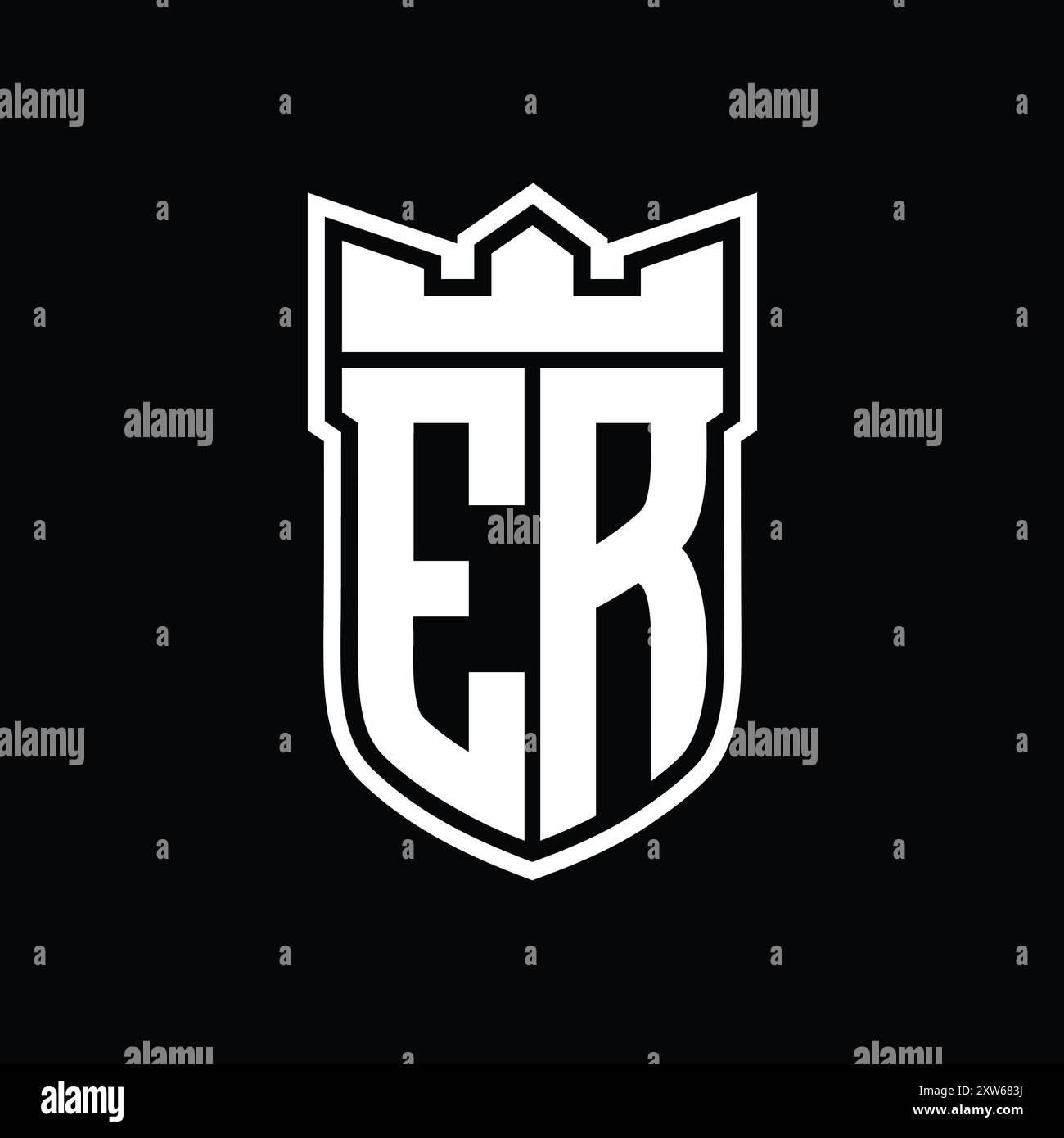 ER Letter logo with shield shape with geometric crown inside white ...