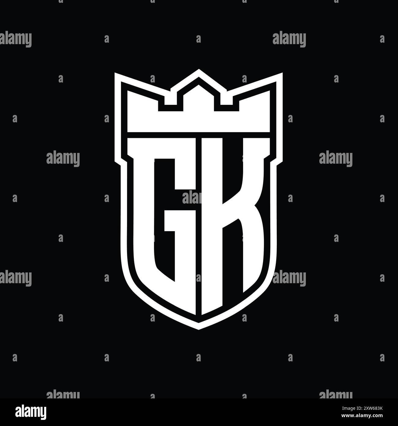 GK Letter logo with shield shape with geometric crown inside white ...