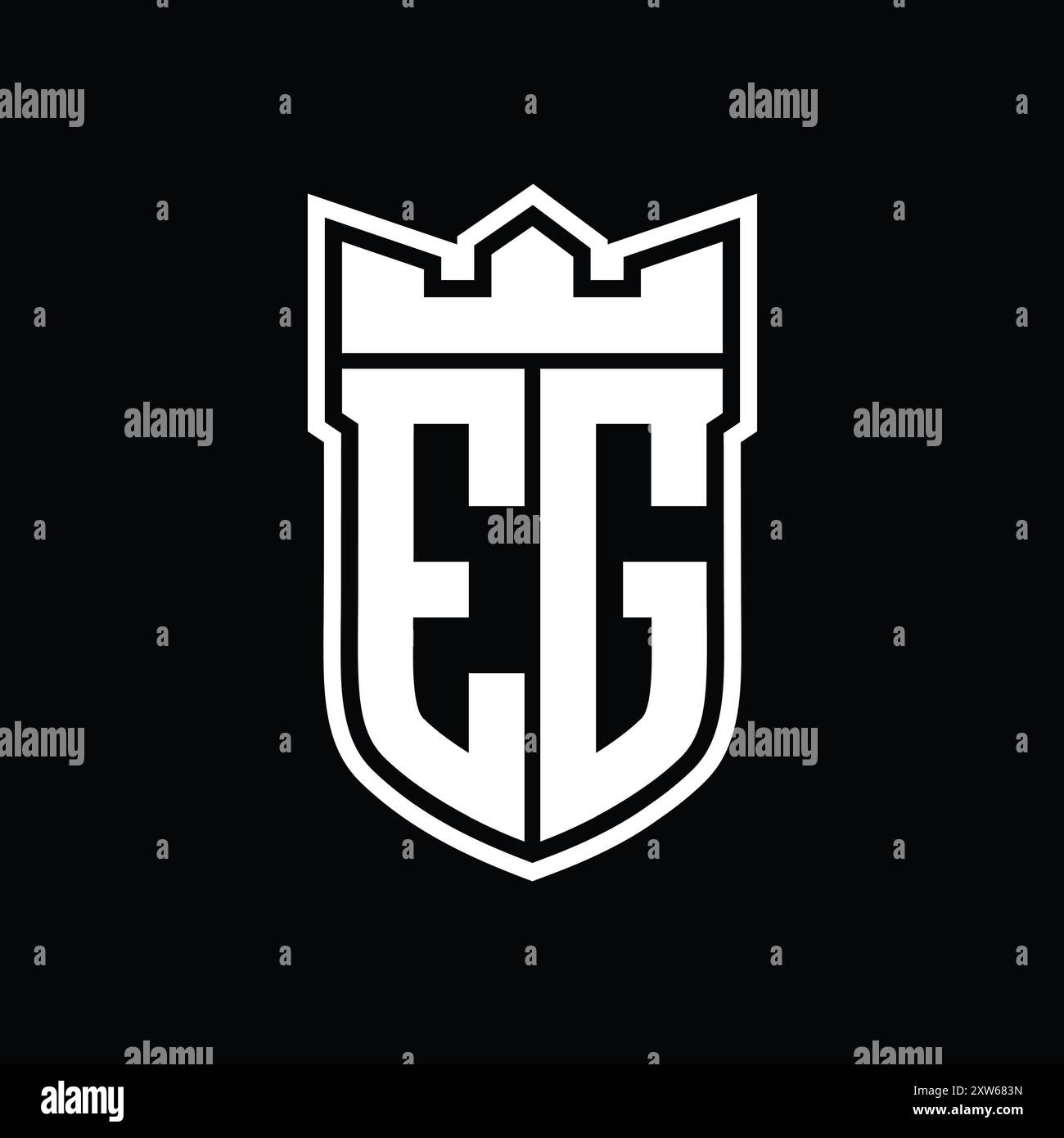 EG Letter logo with shield shape with geometric crown inside white ...