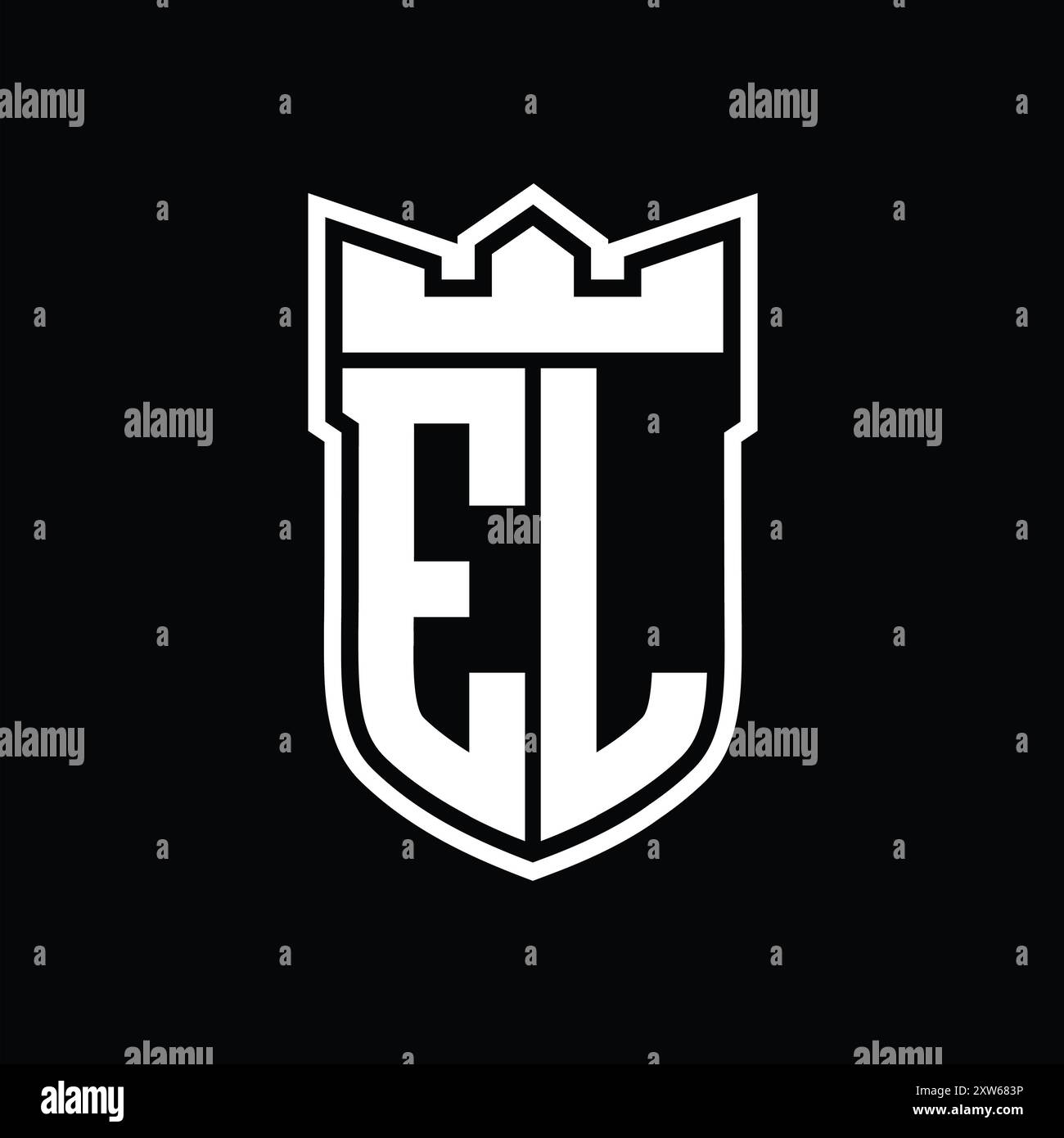 EL Letter logo with shield shape with geometric crown inside white ...