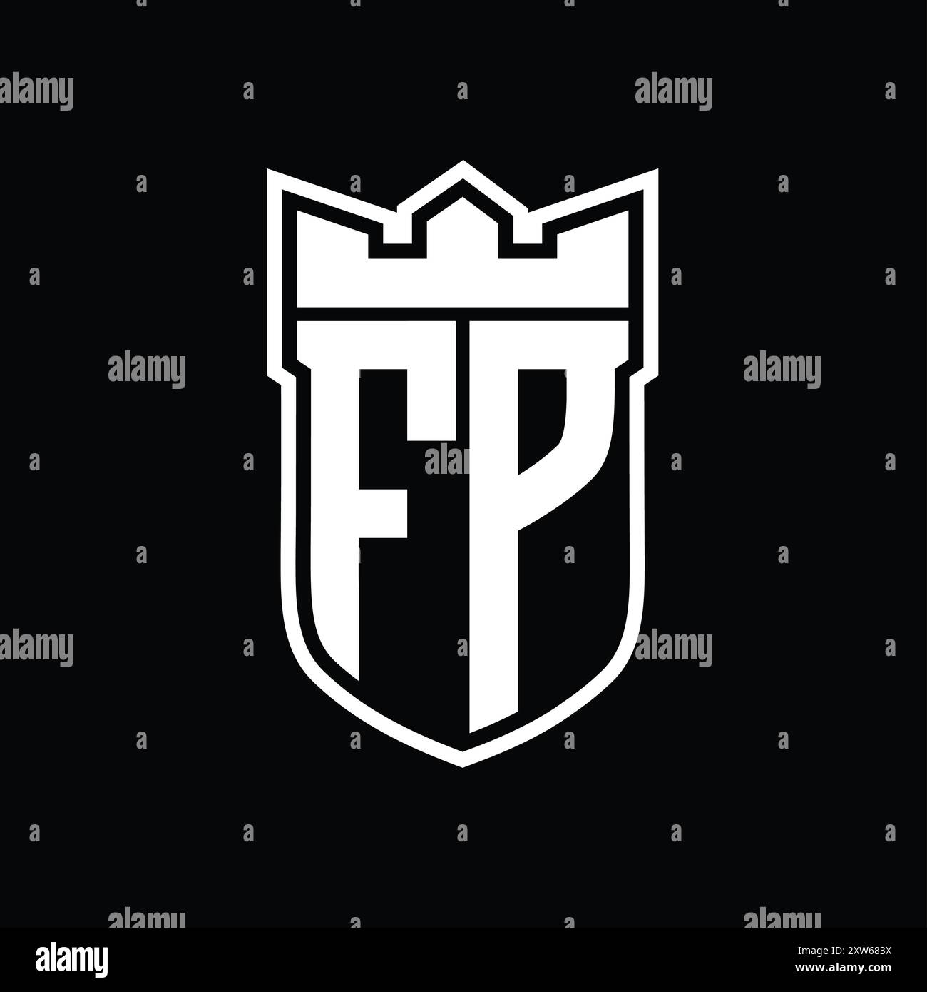 FP Letter logo with shield shape with geometric crown inside white ...