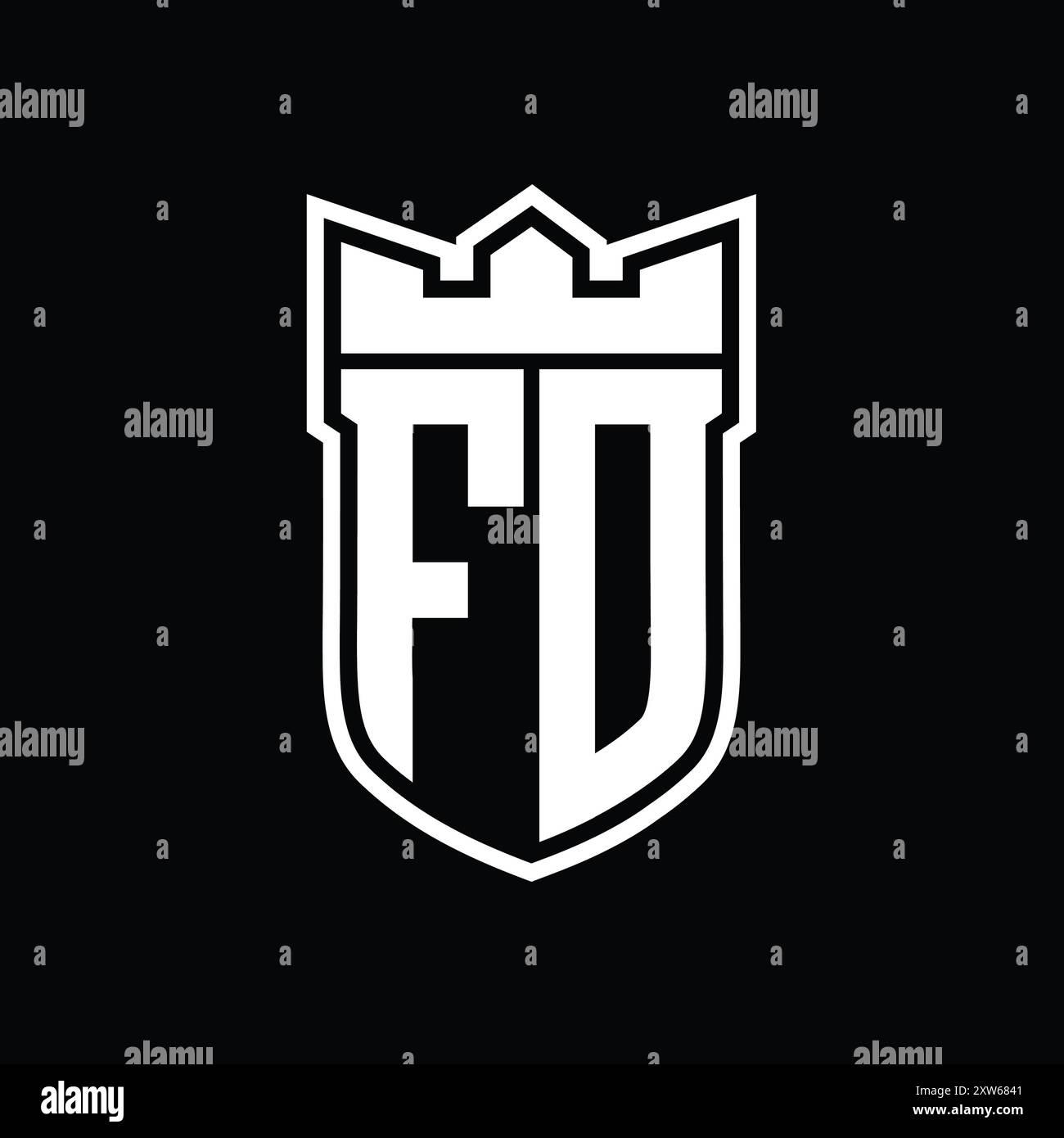 FD Letter logo with shield shape with geometric crown inside white ...