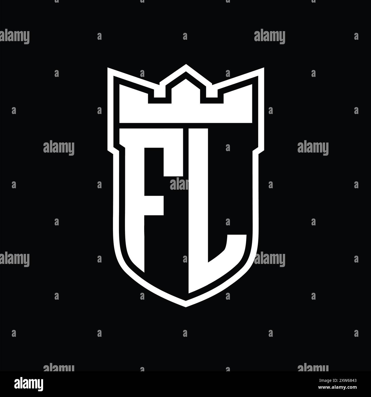 FL Letter logo with shield shape with geometric crown inside white outline on black background ...
