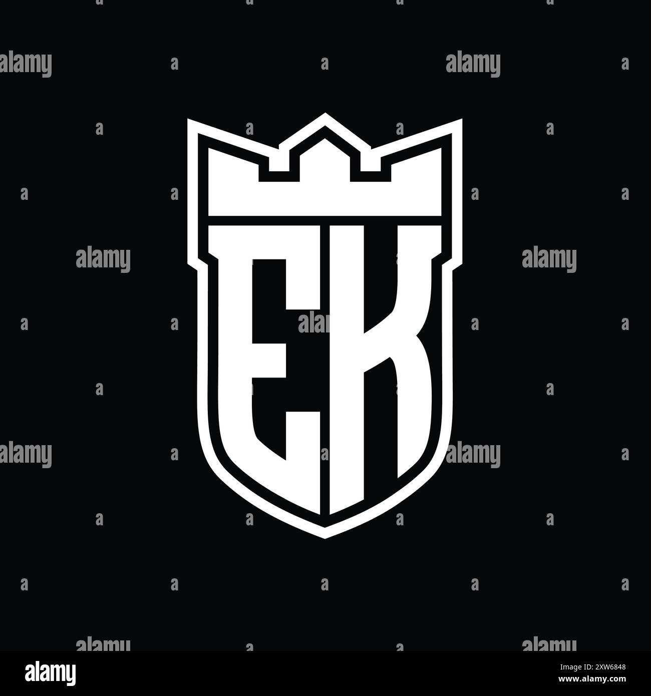 EK Letter logo with shield shape with geometric crown inside white outline on black background ...
