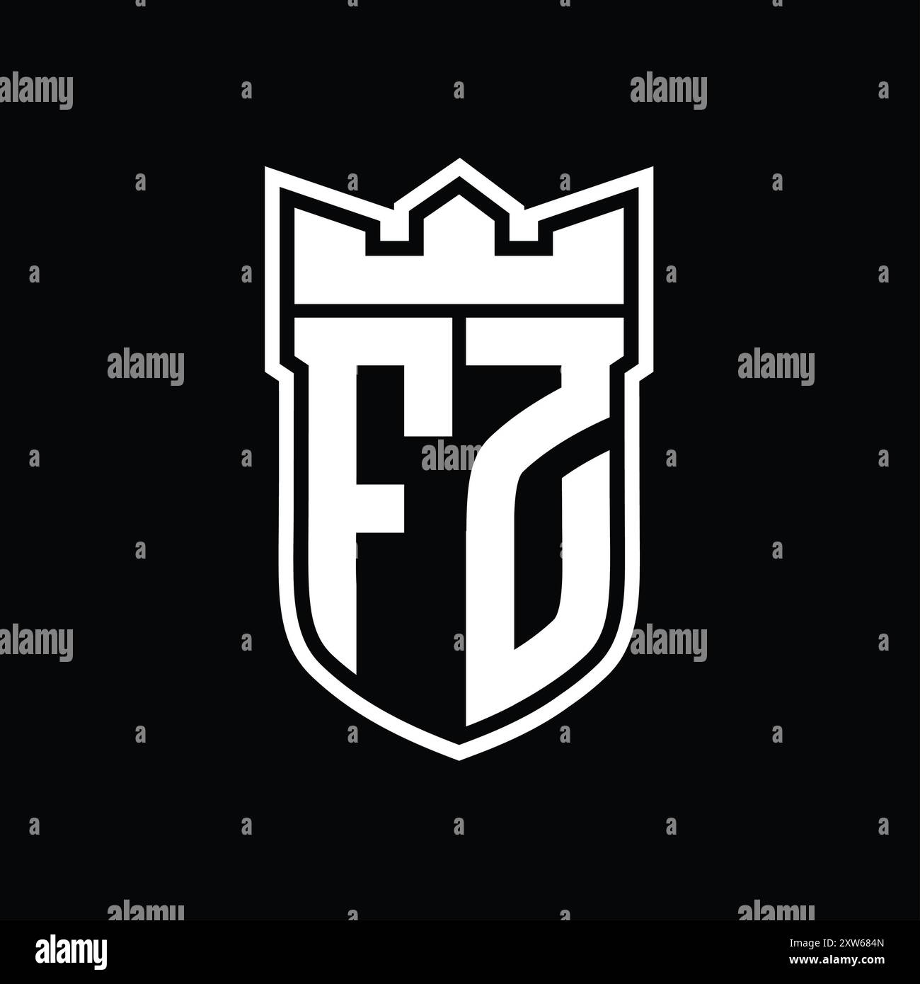 FZ Letter logo with shield shape with geometric crown inside white outline on black background ...