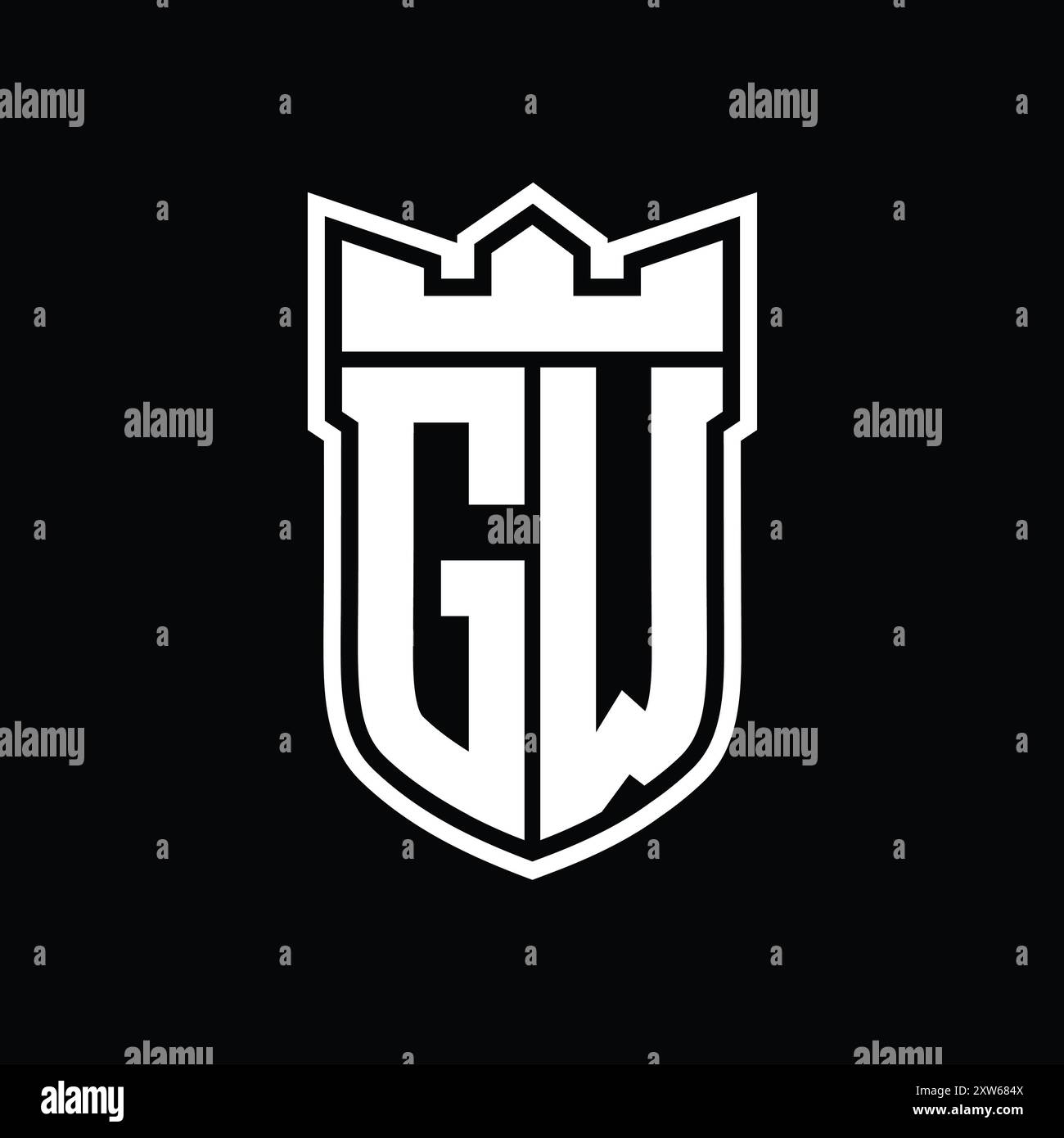 GW Letter logo with shield shape with geometric crown inside white ...