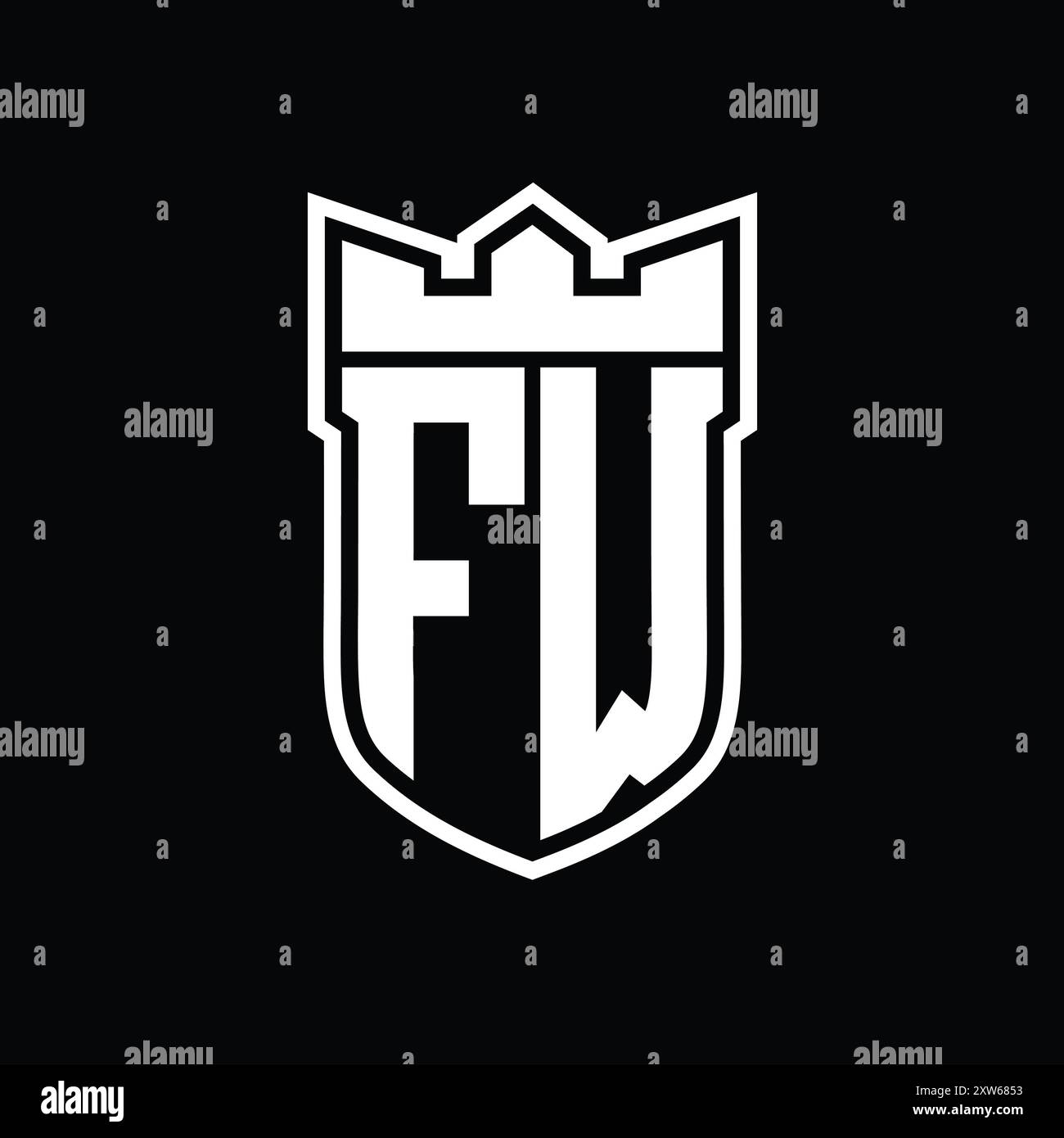 FW Letter logo with shield shape with geometric crown inside white ...