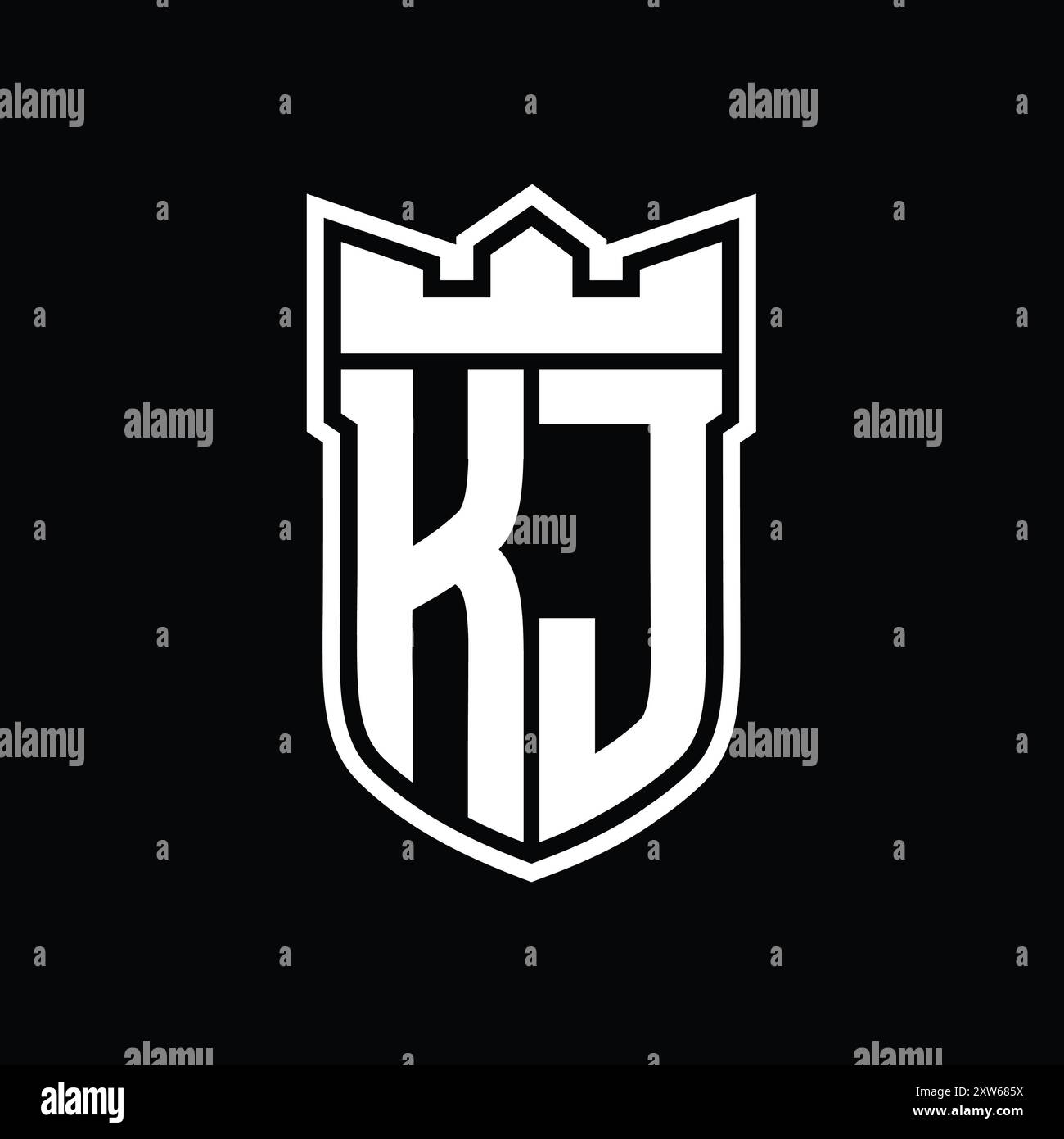 KJ Letter logo with shield shape with geometric crown inside white ...