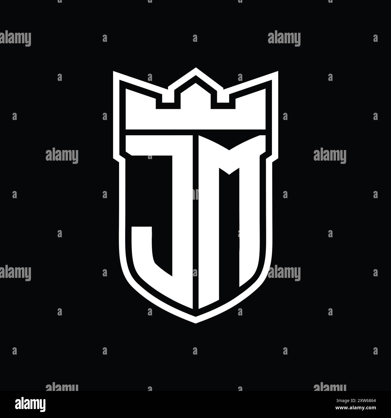 JM Letter logo with shield shape with geometric crown inside white ...