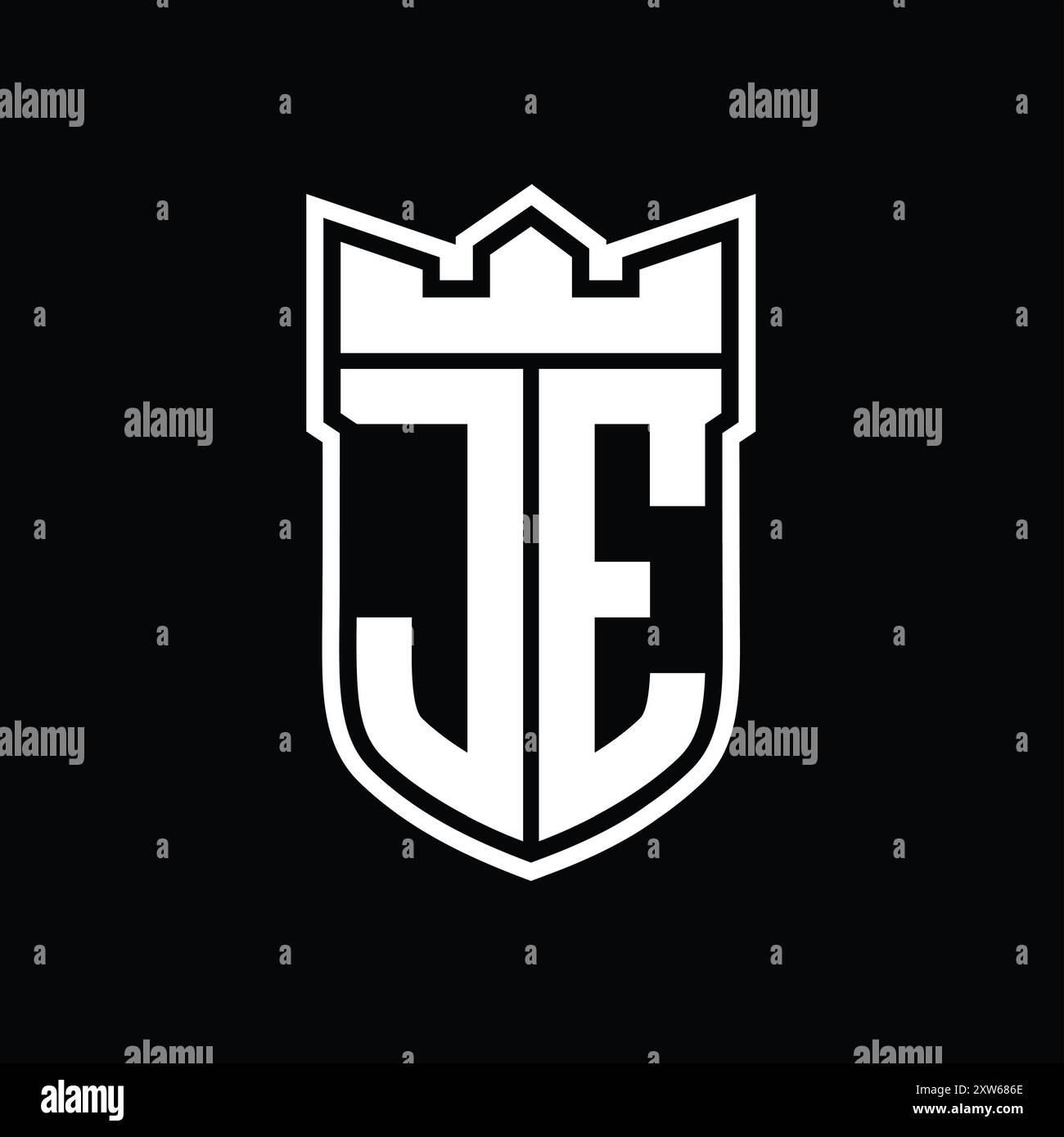 JE Letter logo with shield shape with geometric crown inside white ...