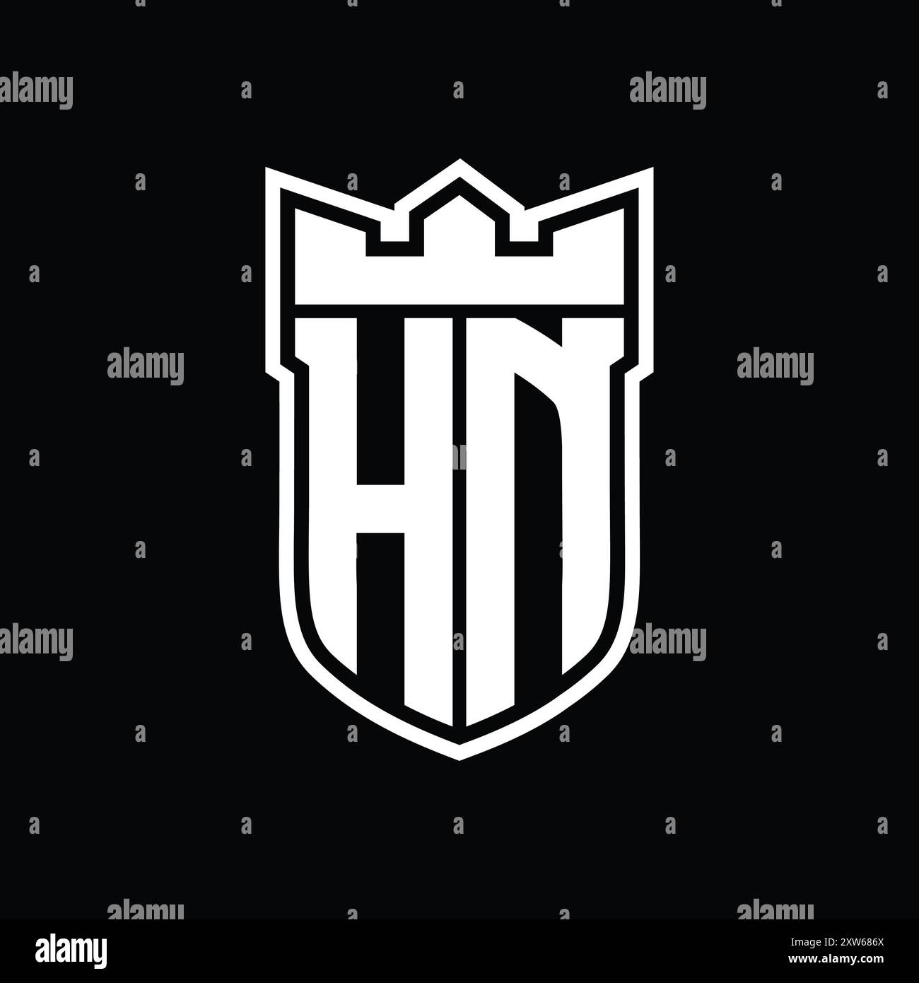 HN Letter logo with shield shape with geometric crown inside white ...