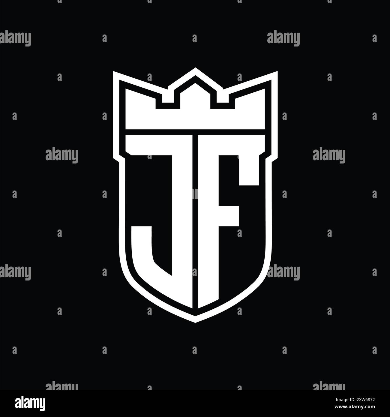 JF Letter logo with shield shape with geometric crown inside white ...