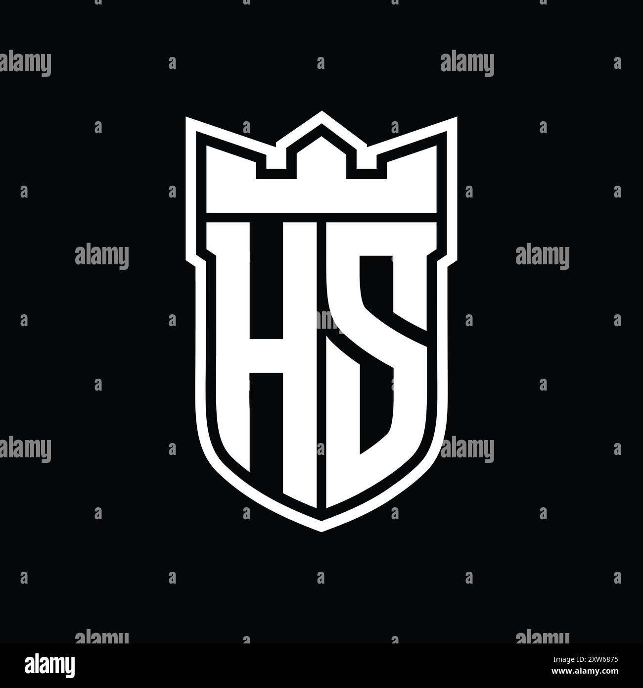 HS Letter logo with shield shape with geometric crown inside white ...