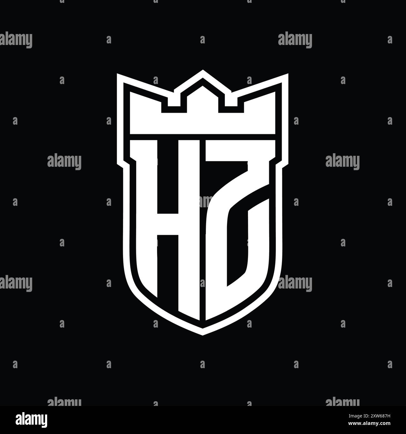HZ Letter logo with shield shape with geometric crown inside white ...