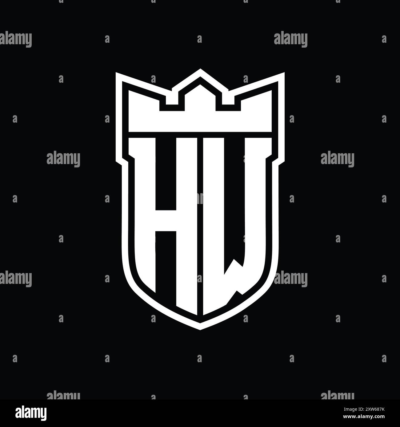 HW Letter logo with shield shape with geometric crown inside white ...