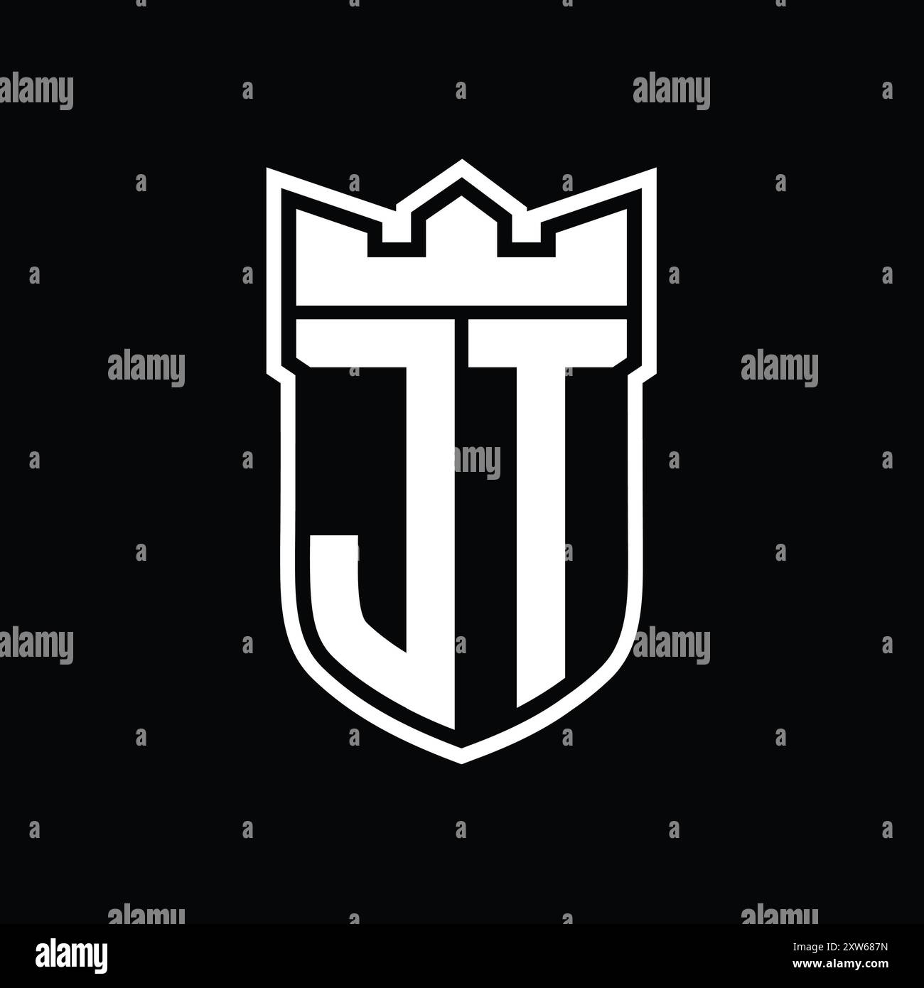 JT Letter logo with shield shape with geometric crown inside white ...