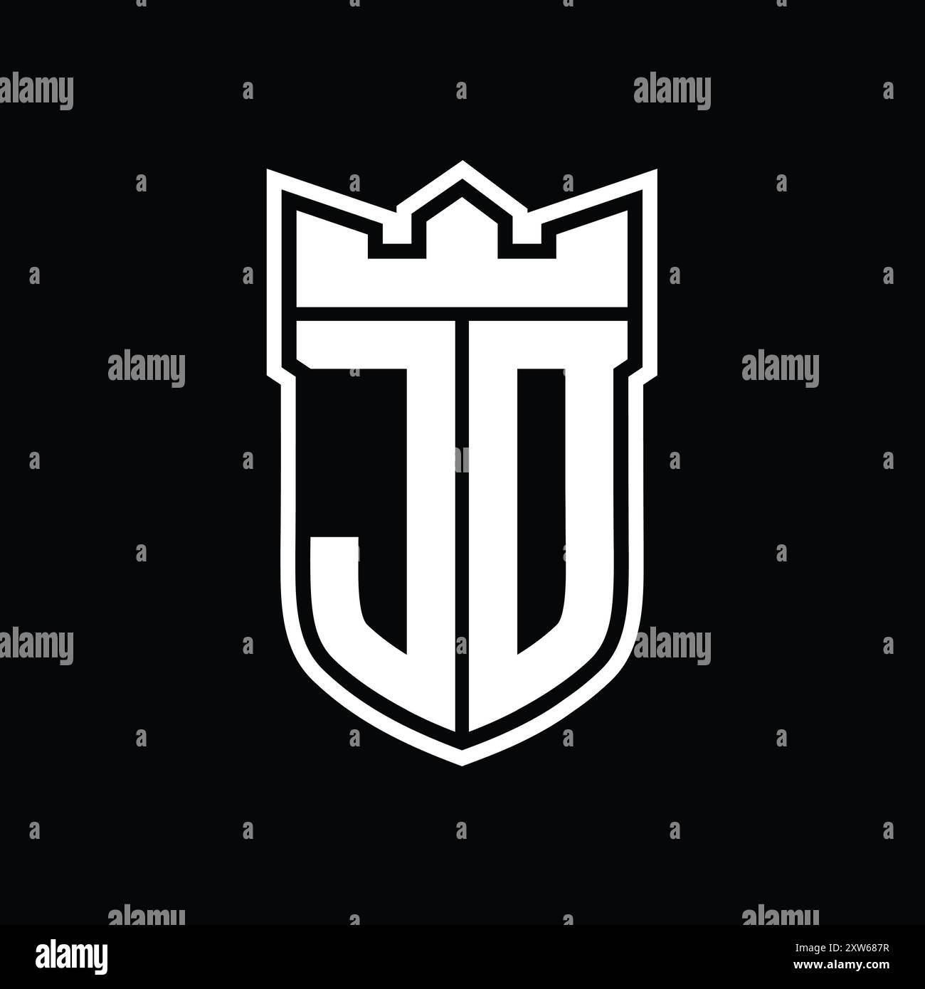 JD Letter logo with shield shape with geometric crown inside white ...