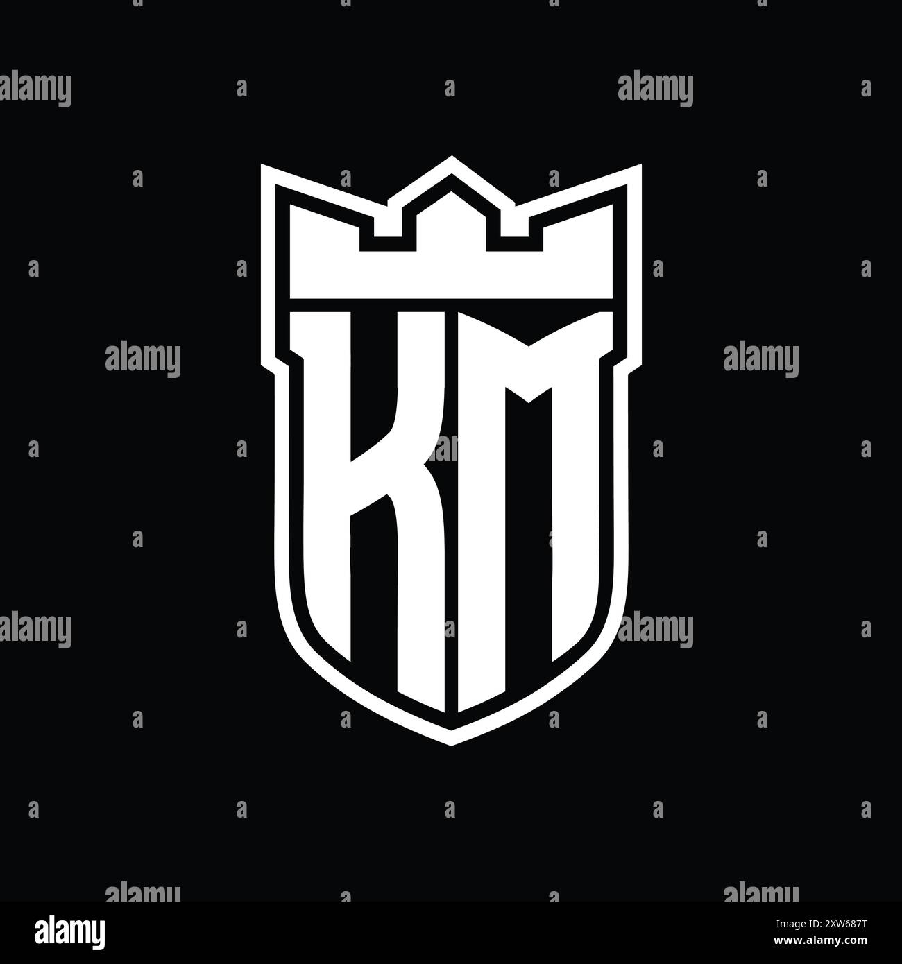 KM Letter logo with shield shape with geometric crown inside white ...