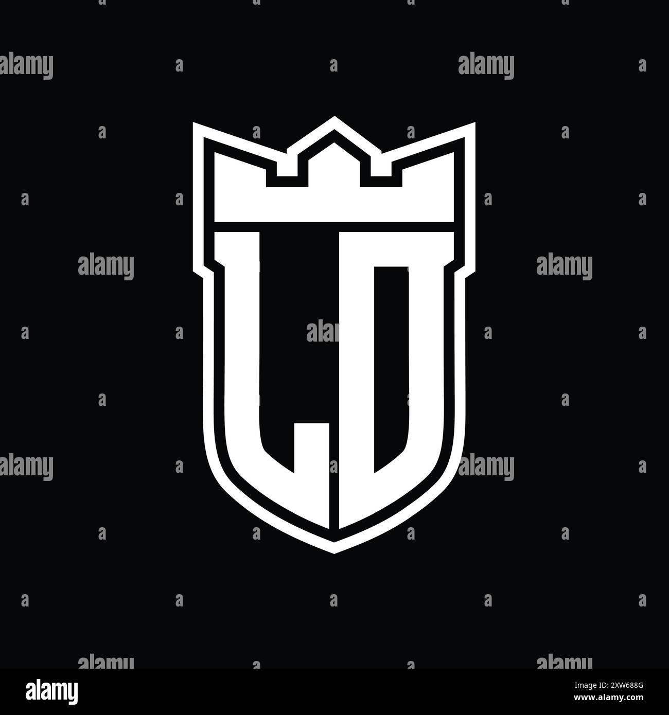 LD Letter logo with shield shape with geometric crown inside white outline on black background ...