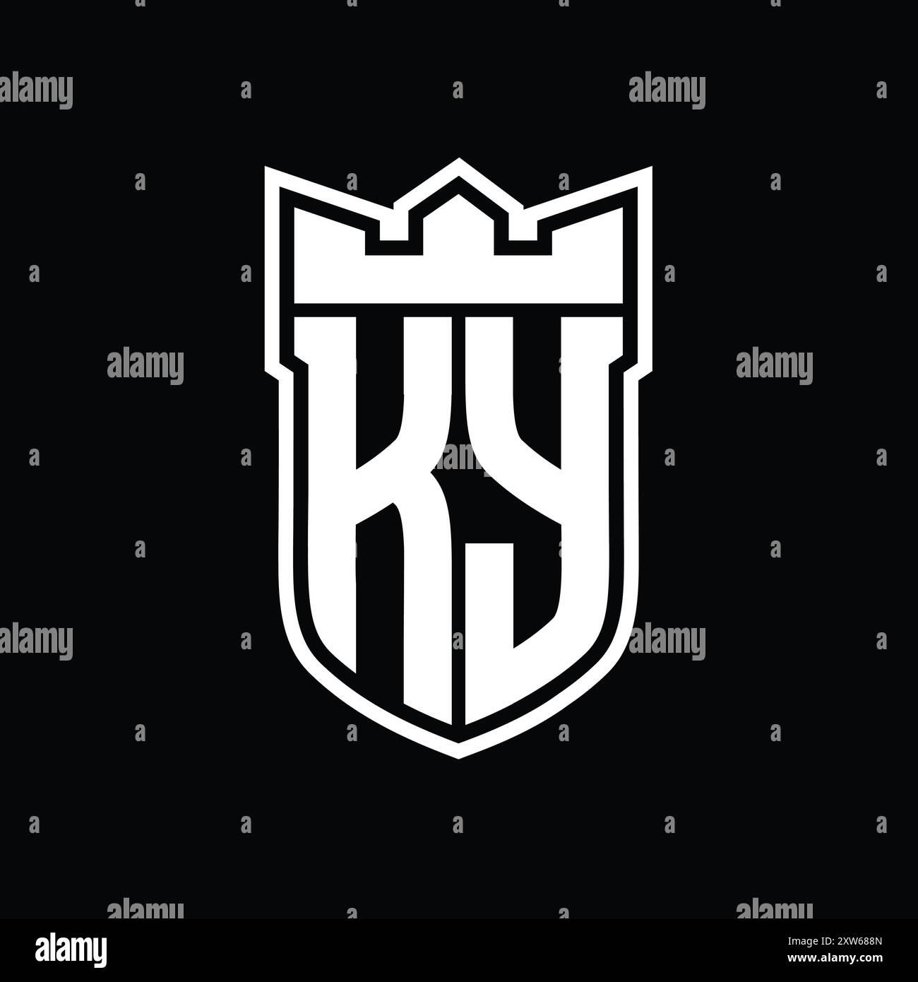 KY Letter logo with shield shape with geometric crown inside white ...