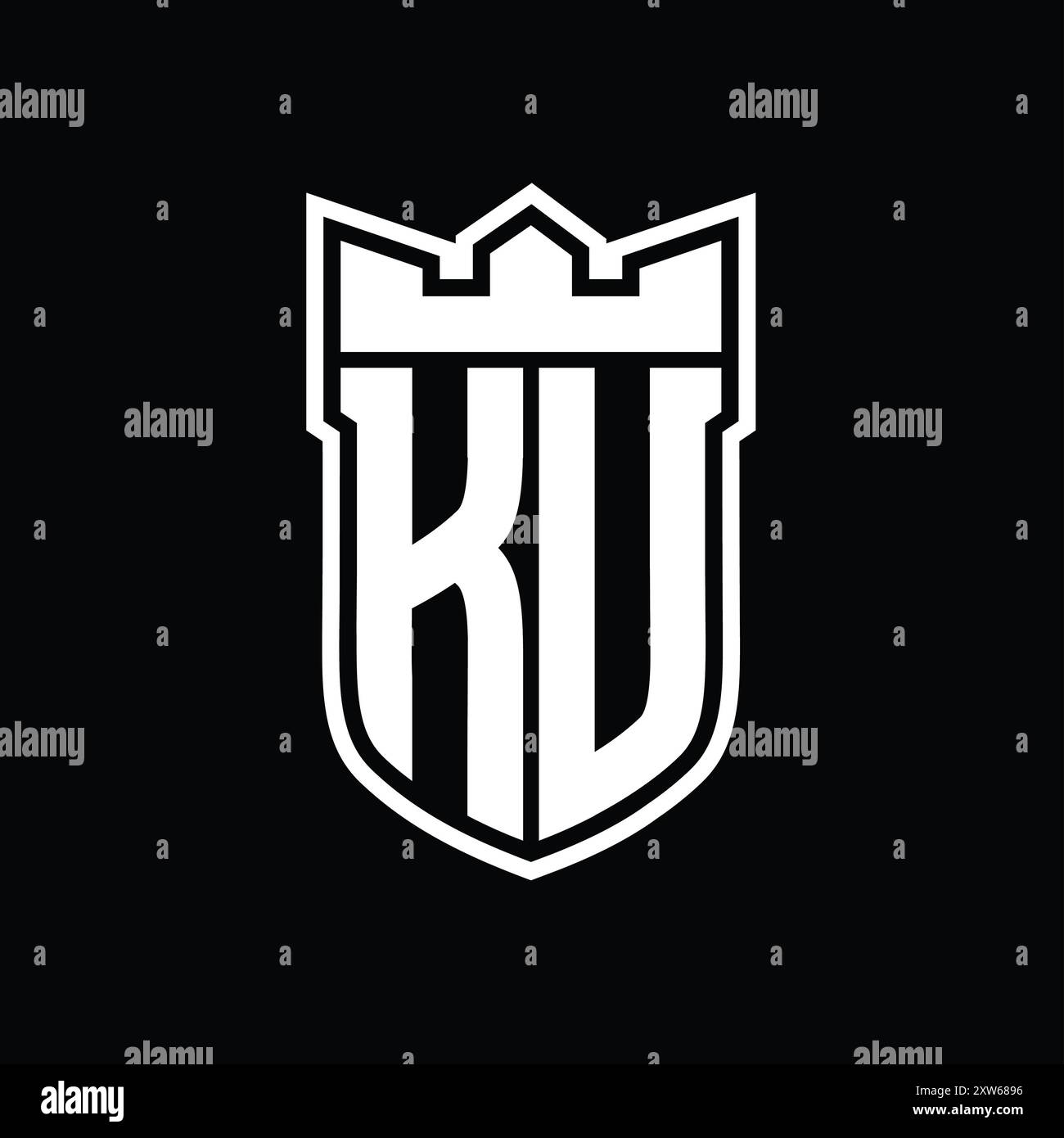 KU Letter logo with shield shape with geometric crown inside white outline on black background ...