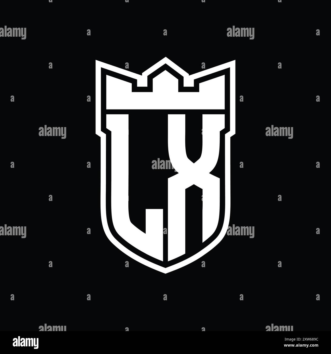 LX Letter logo with shield shape with geometric crown inside white outline on black background ...