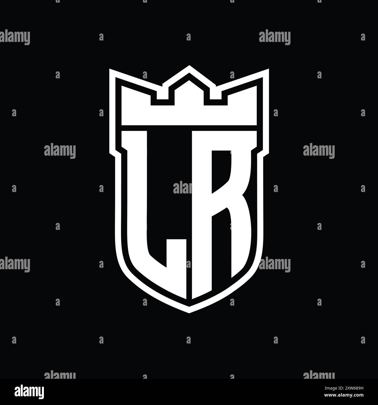 LR Letter logo with shield shape with geometric crown inside white ...