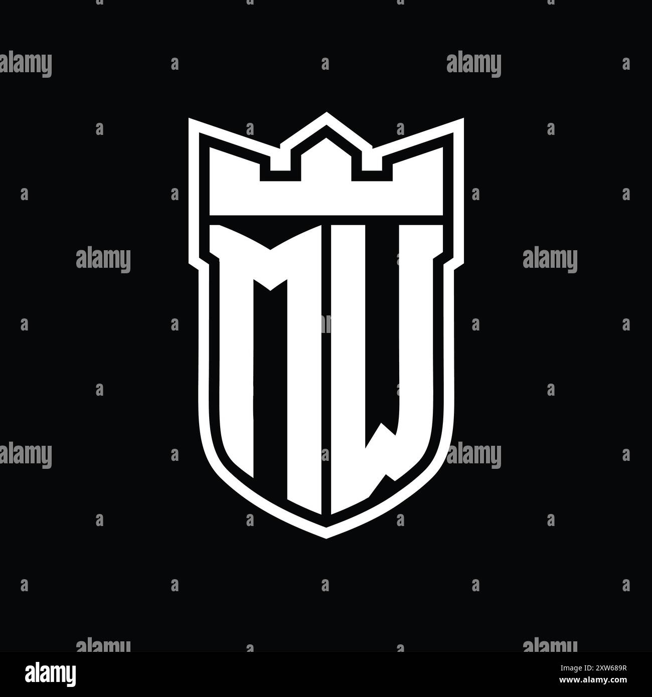 MW Letter logo with shield shape with geometric crown inside white ...