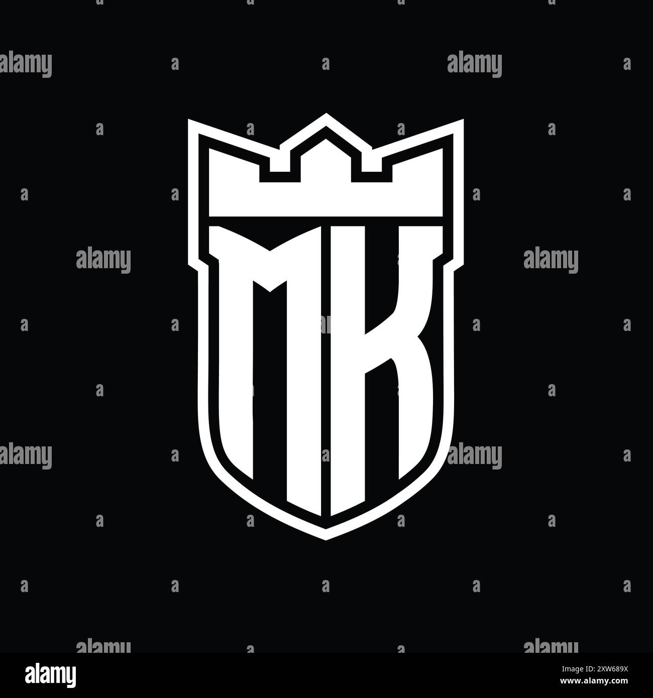 MK Letter logo with shield shape with geometric crown inside white ...