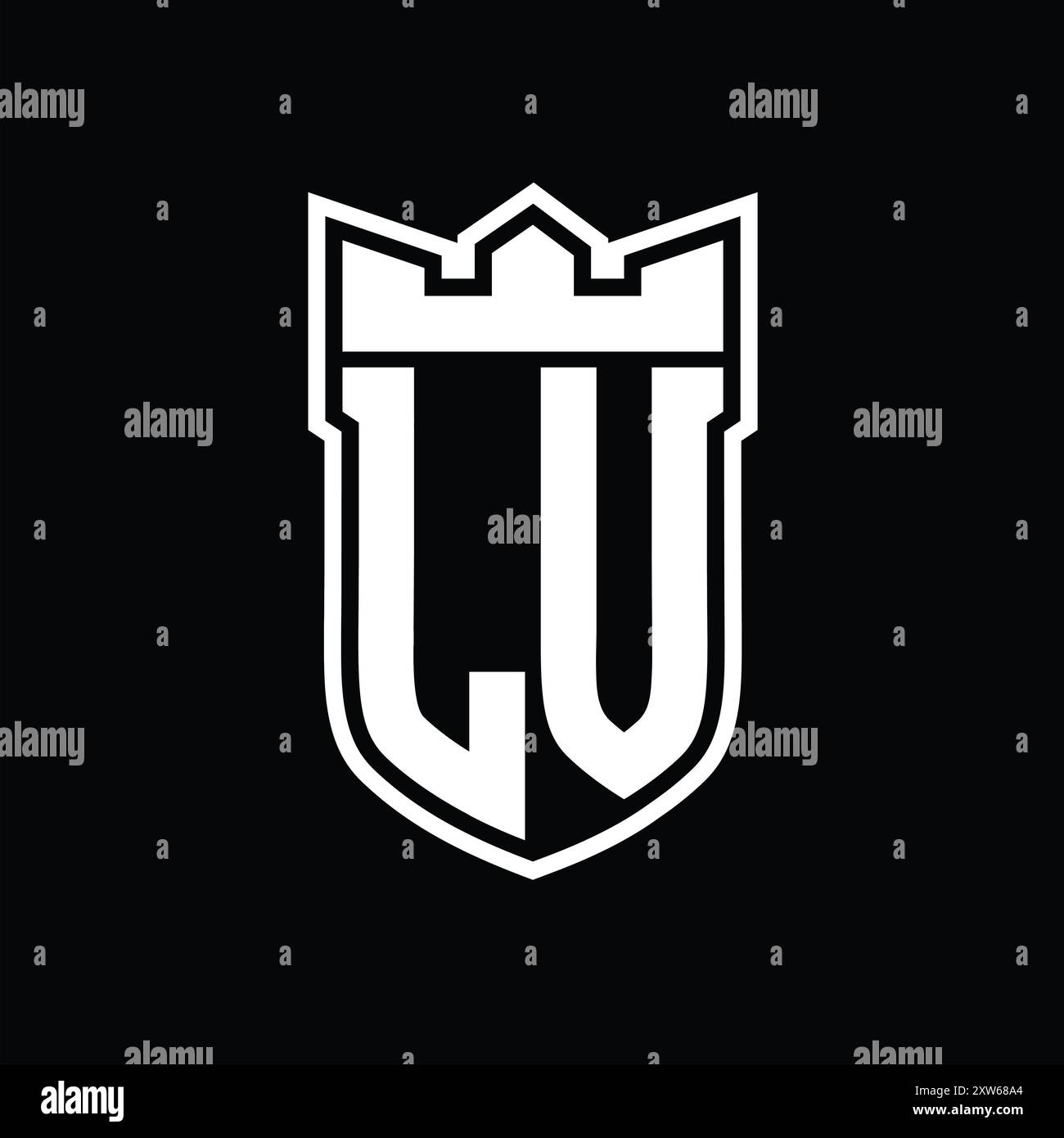 LV Letter logo with shield shape with geometric crown inside white ...