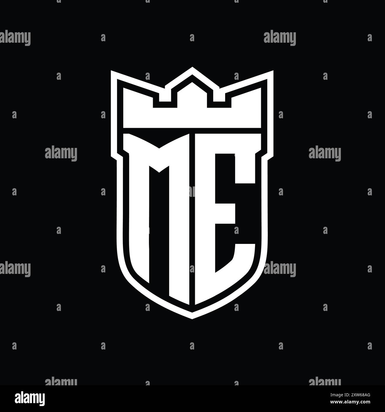 ME Letter logo with shield shape with geometric crown inside white ...