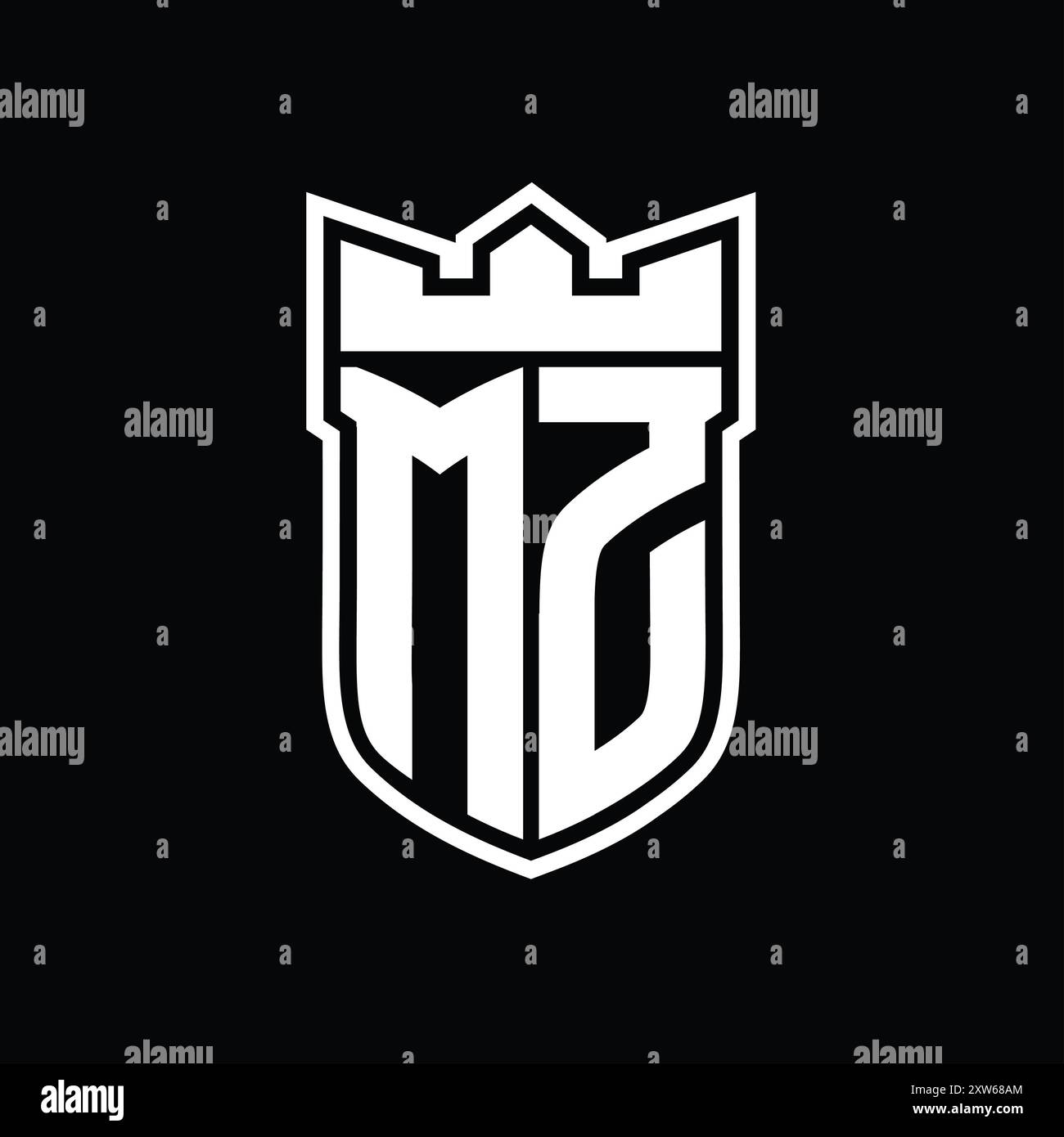 MZ Letter logo with shield shape with geometric crown inside white outline on black background ...