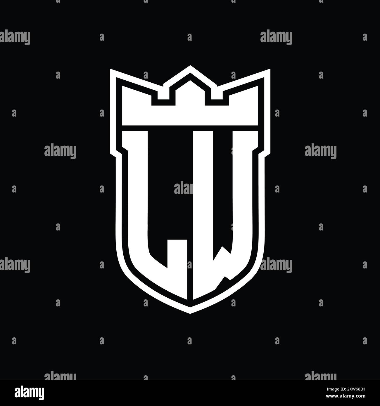LW Letter logo with shield shape with geometric crown inside white ...