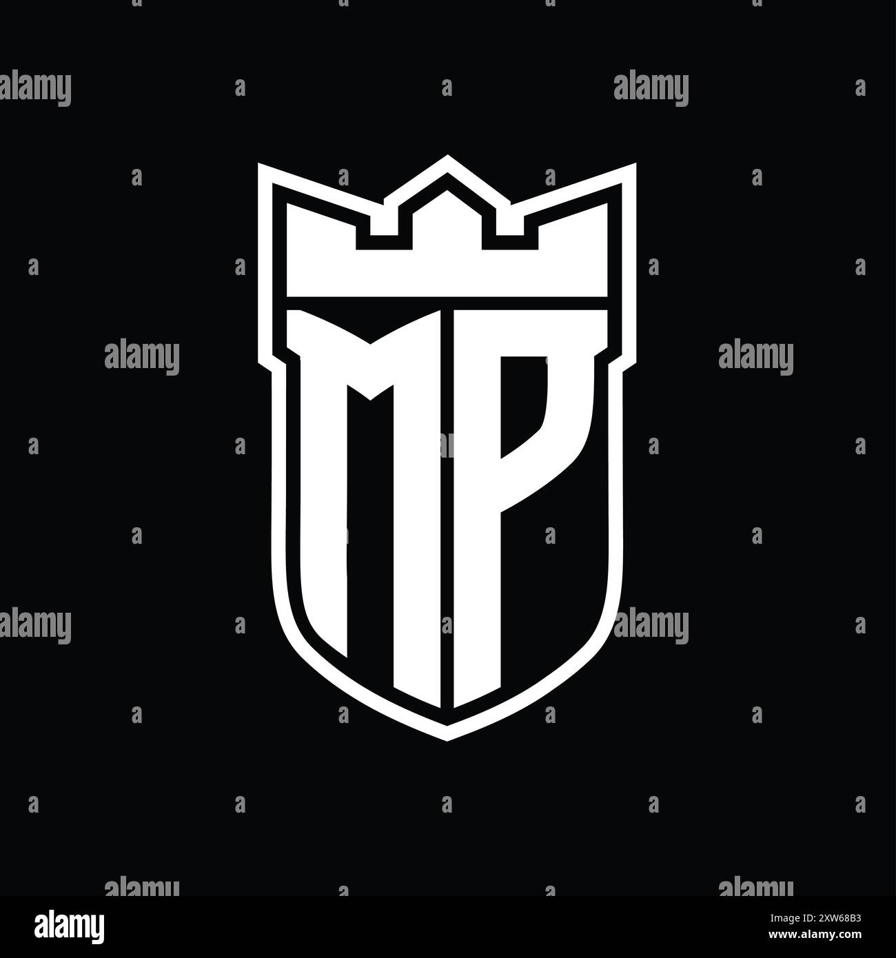 MP Letter logo with shield shape with geometric crown inside white ...