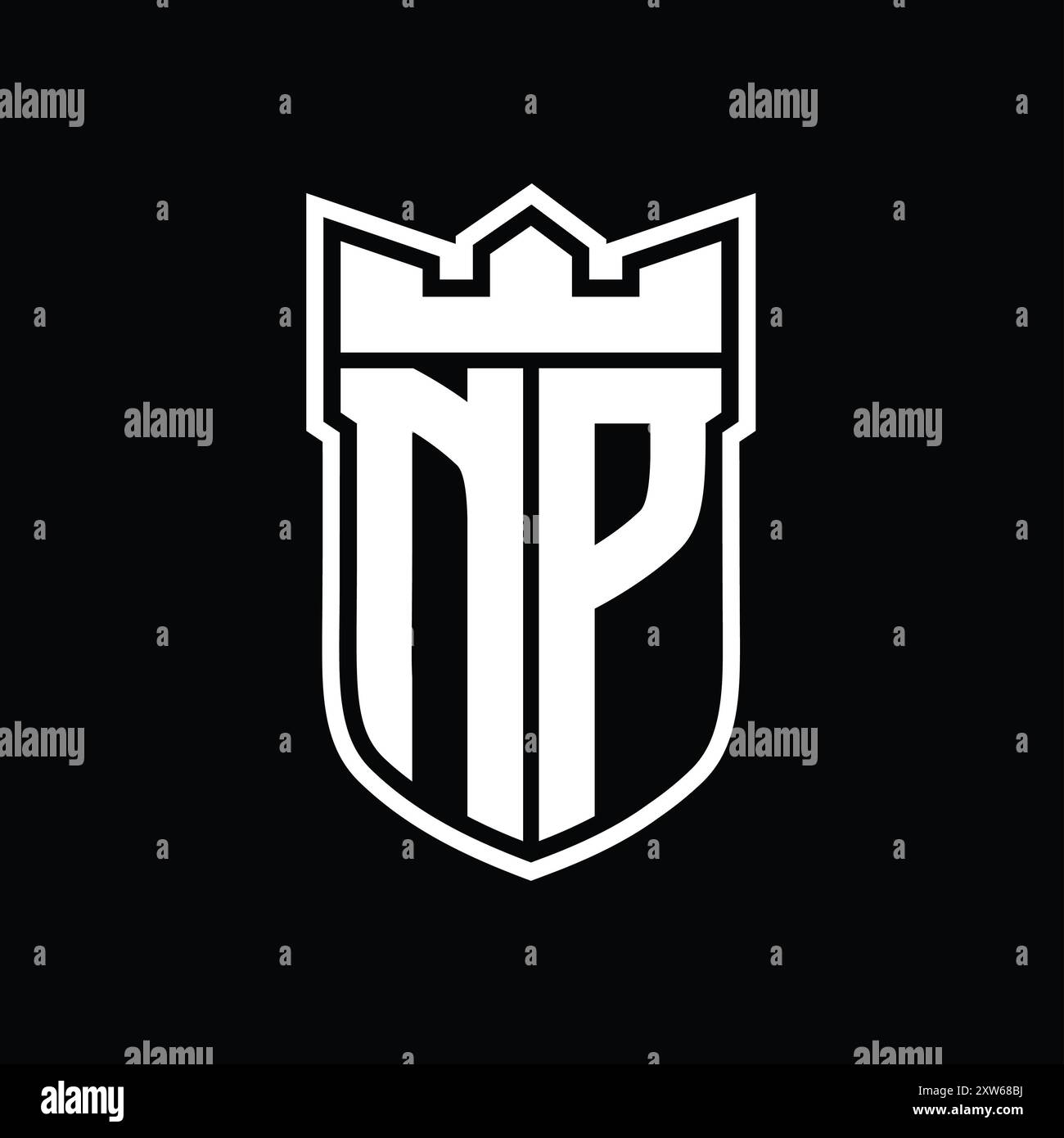 NP Letter logo with shield shape with geometric crown inside white ...